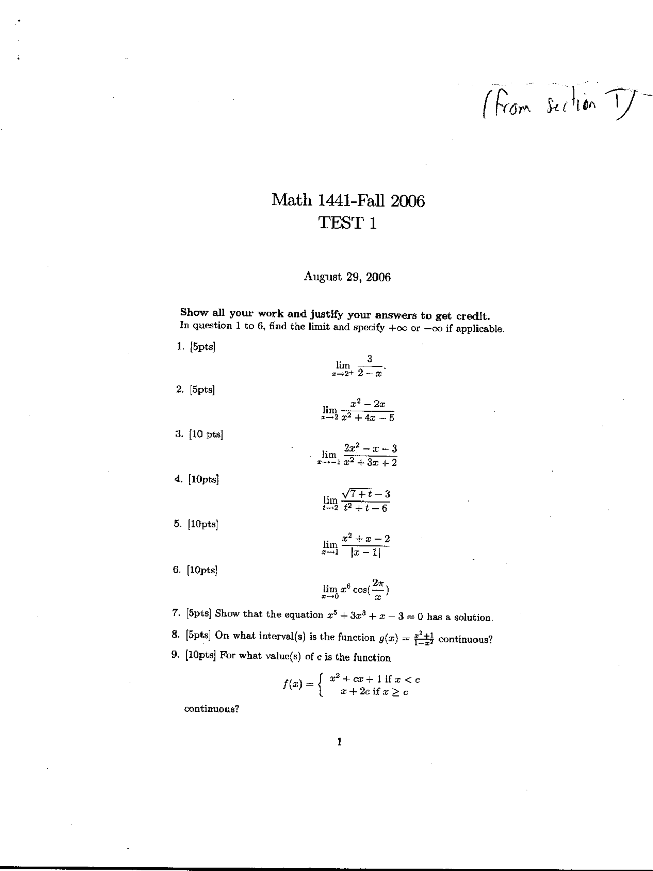 12 Questions Test #1 - Calculus I | MATH 1441 - Docsity