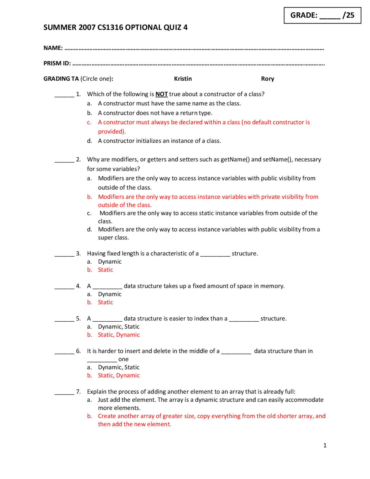 Solutions For Optional Quiz 4 Representing Structure And Behavior