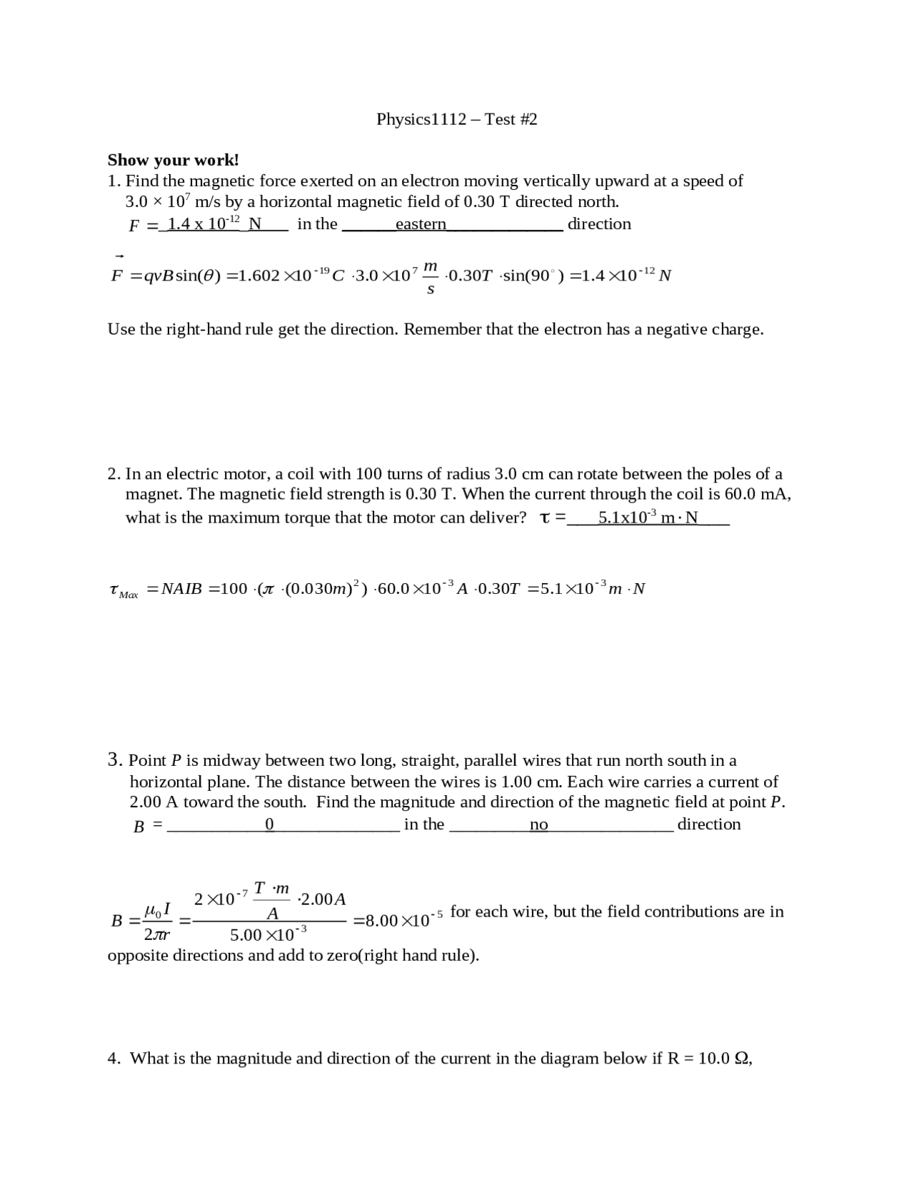 Solutions For Exam 2 Introductory Physics Ii Phys 1112 Docsity