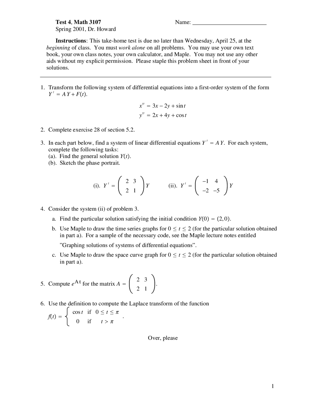 Exam 4 Questions For Differential Equations Fall 2001 Math 3107