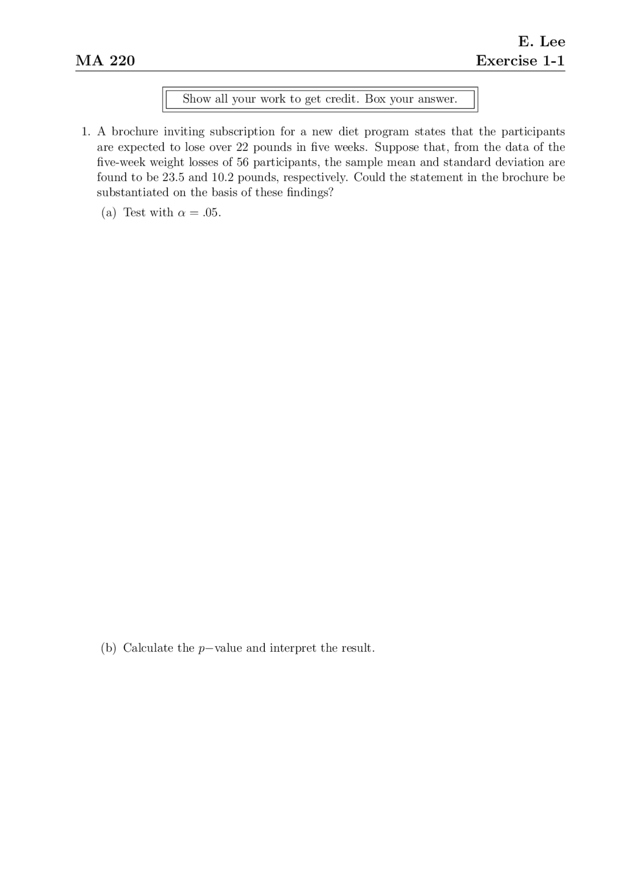 Assignment 1 For Statistical Methods Ma 220 Docsity