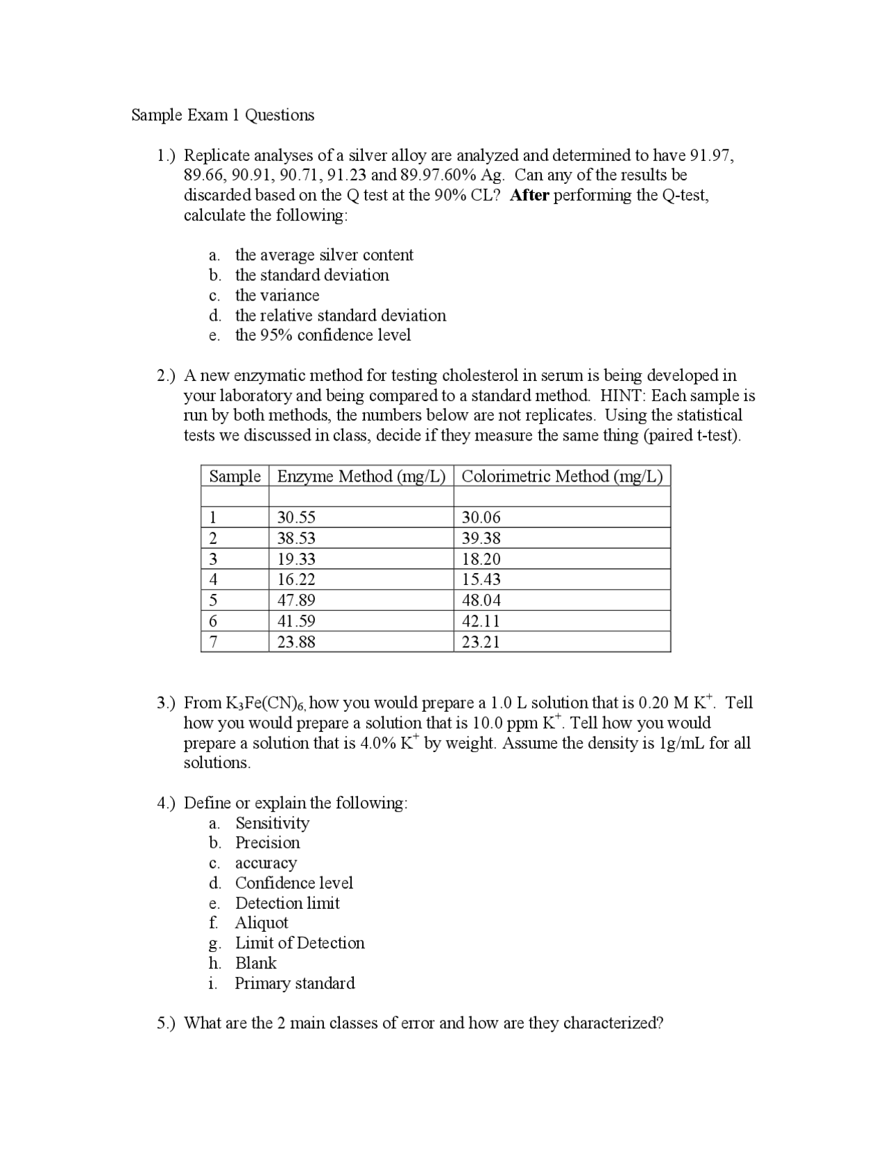 Sample Exam 1 Questions Principles Chemical Analysis Chem 2300