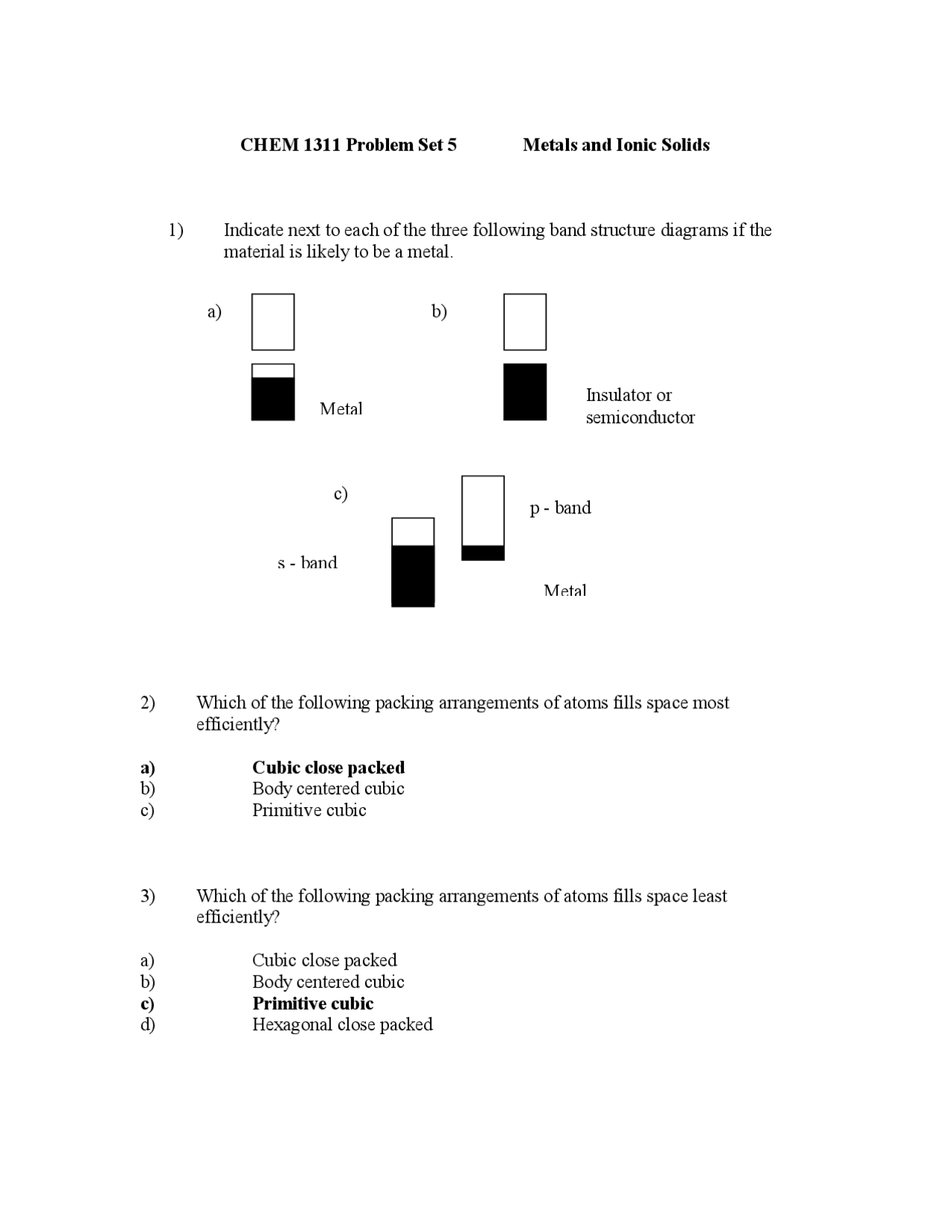 Problem Set 5 for Metals and Ionic Solids | CHEM 1311 - Docsity