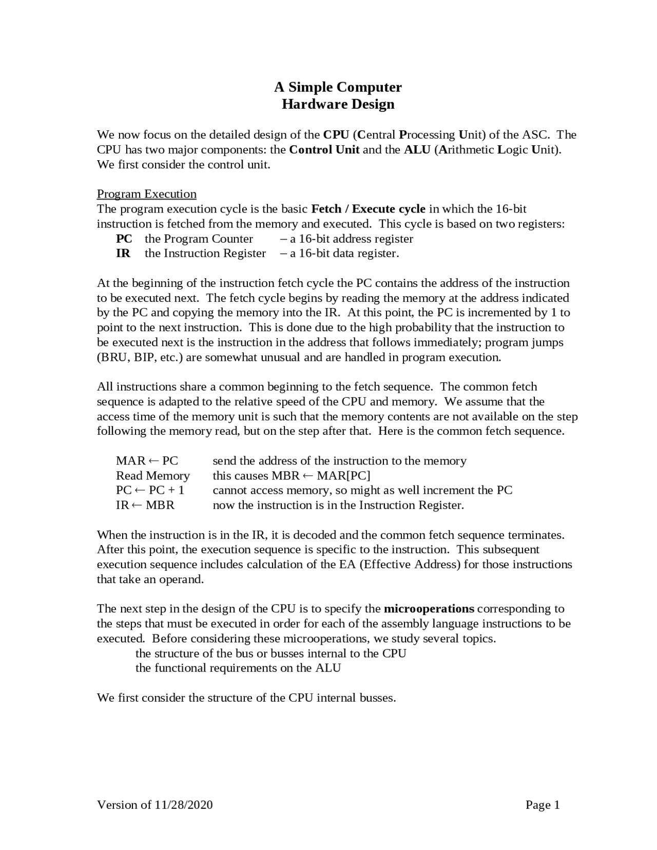 A Simple Computer Hardware Design Lecture Notes Cpsc 5155u Docsity