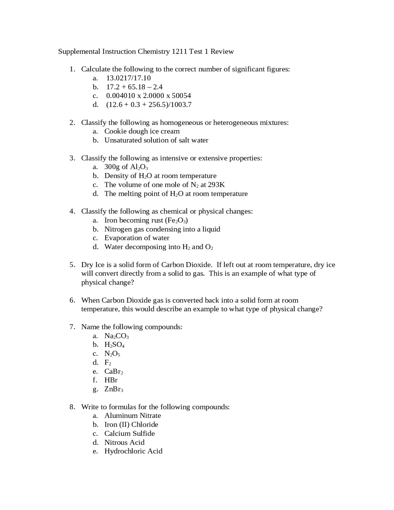 Test 1 Review - Answer Key - Principles of Chemistry I | CHEM 1211 ...