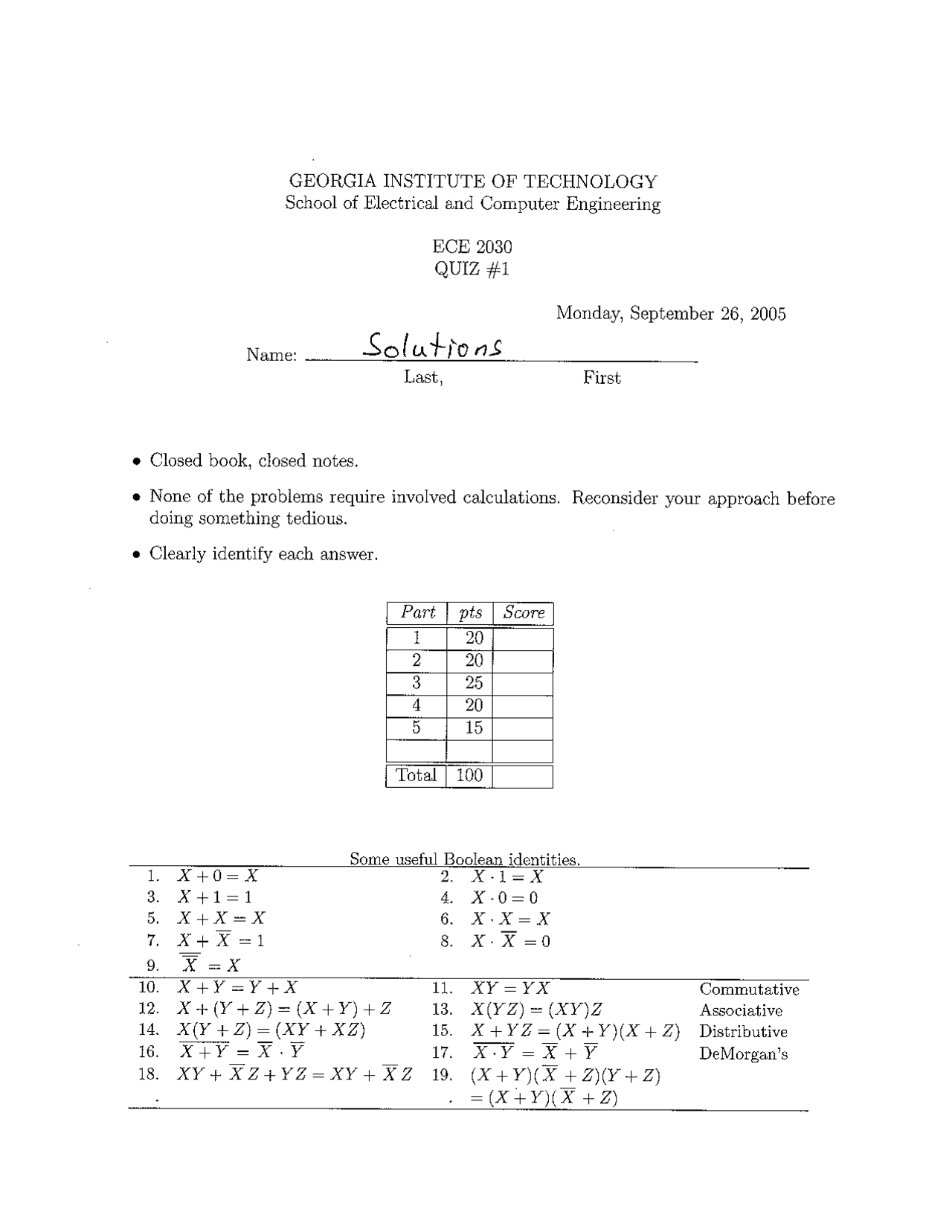 Quiz I Solutions Introduction To Computer Engineering Ece 2030