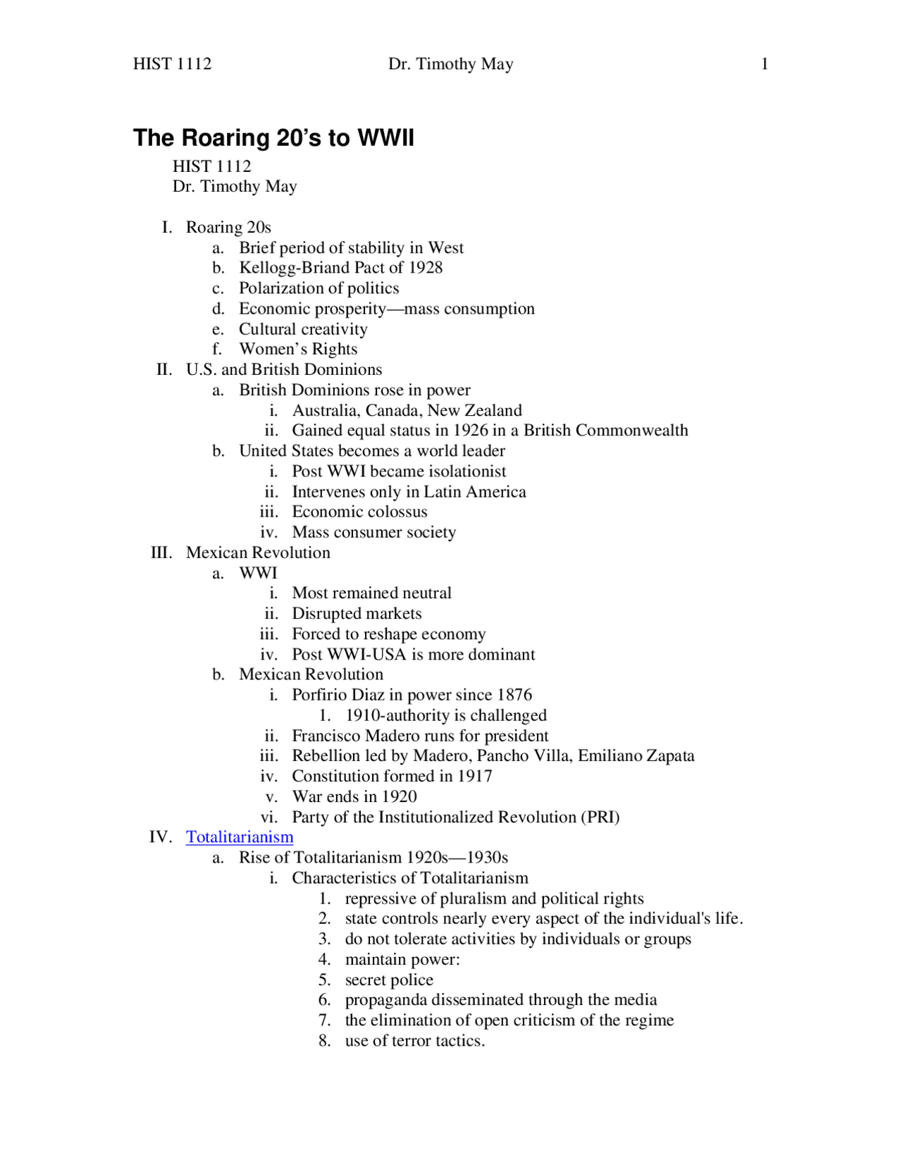 The Roaring 20's to WWII - World Civilization, Notes | HIST 1112 - Docsity