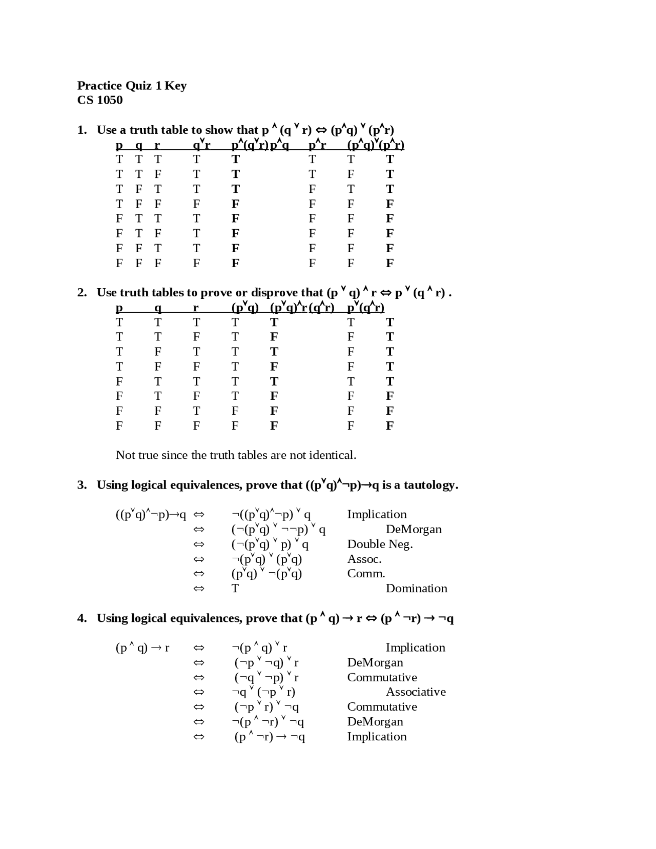 6 Solved Questions To Prove The Logical Equivalences Quiz 1 Cs 1050