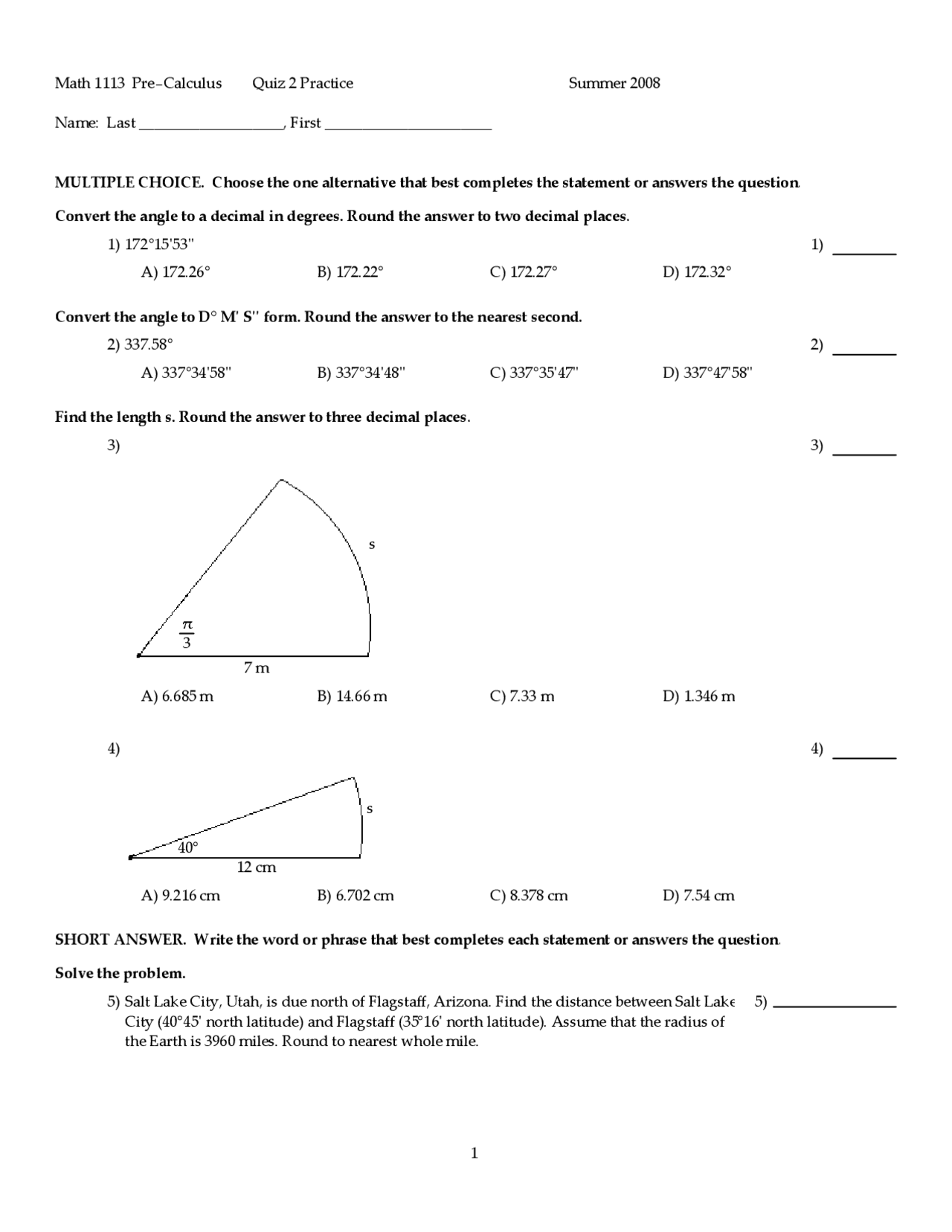 Quiz 2 Practice MCQs with Answer Key - Pre-Calculus | MATH 1113 ...