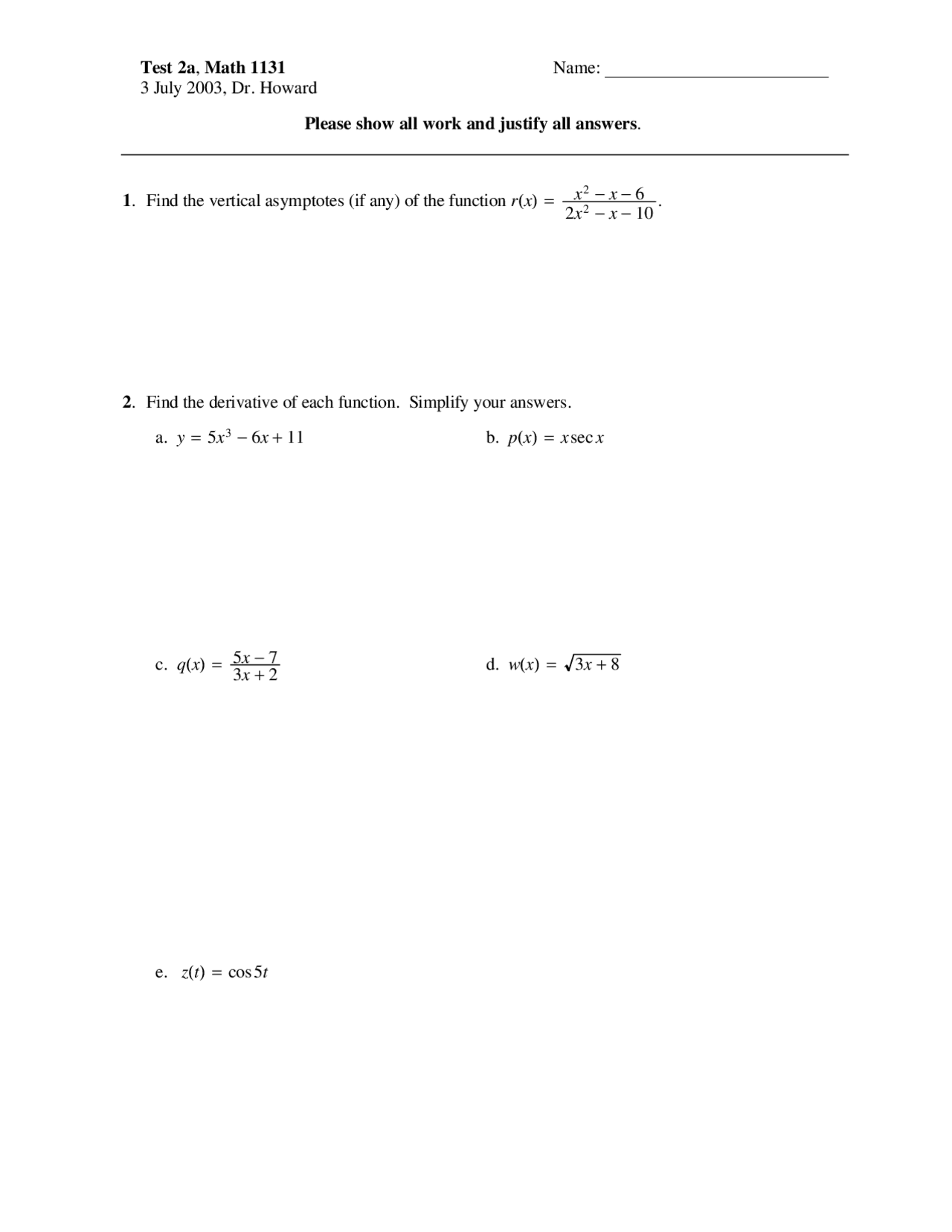 Math 1131 Test 2a Solutions | Exams Analytical Geometry and Calculus ...