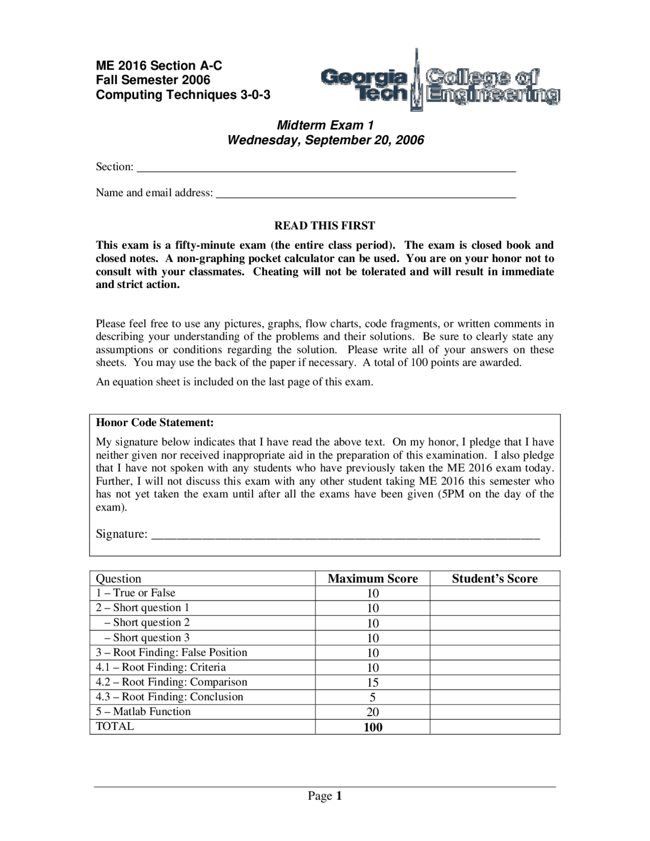 Midterm Exam 1 Questions Computing Techniques Me 2016 Docsity