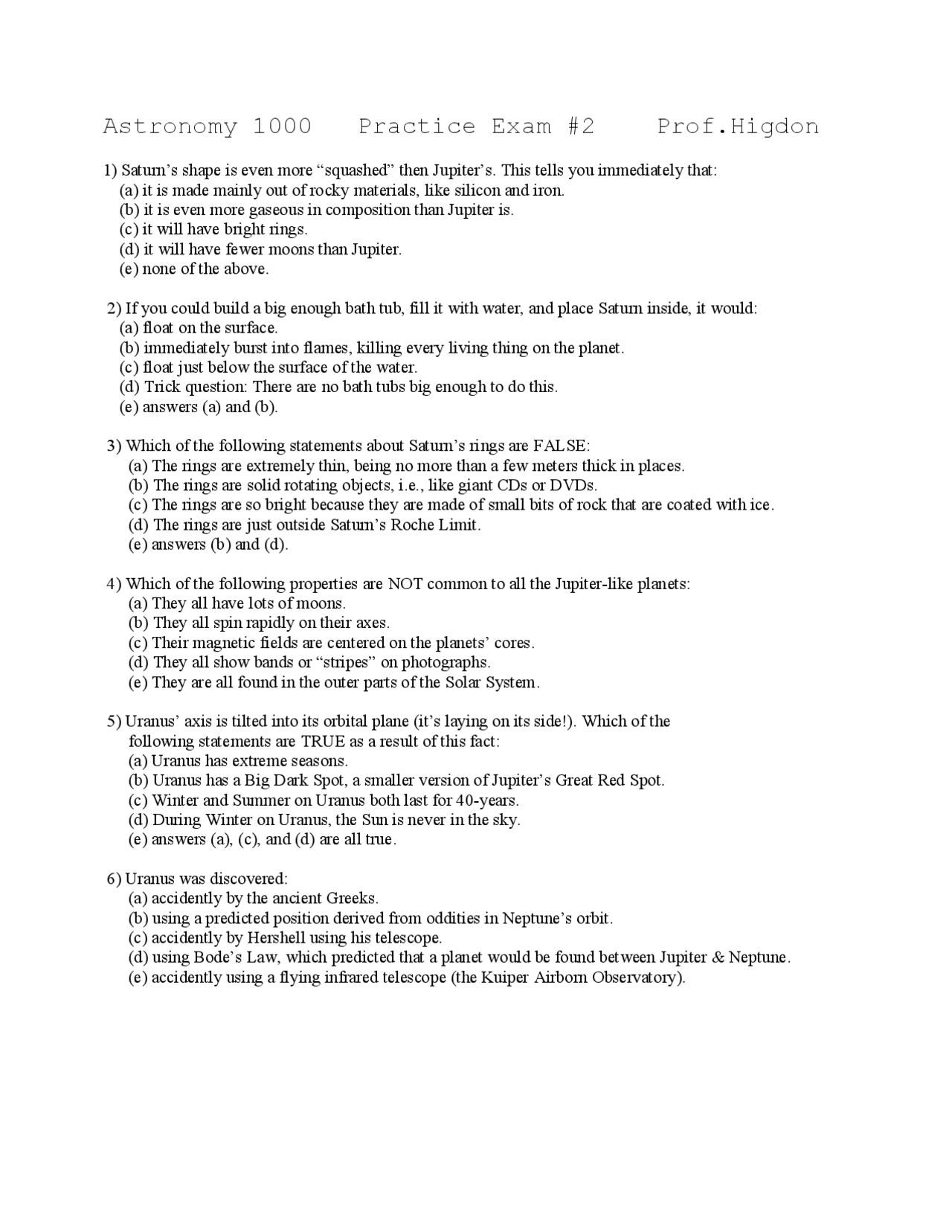 Practice Exam 2 Astronomy Introduction To The Universe Astr