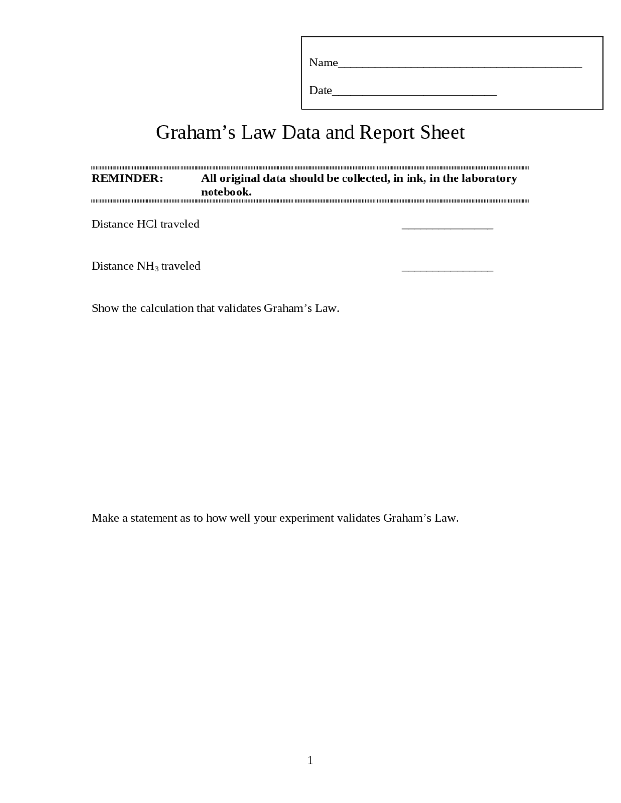 Graham's Law Data and Report Sheet - Lab | CHEM 1211L - Docsity