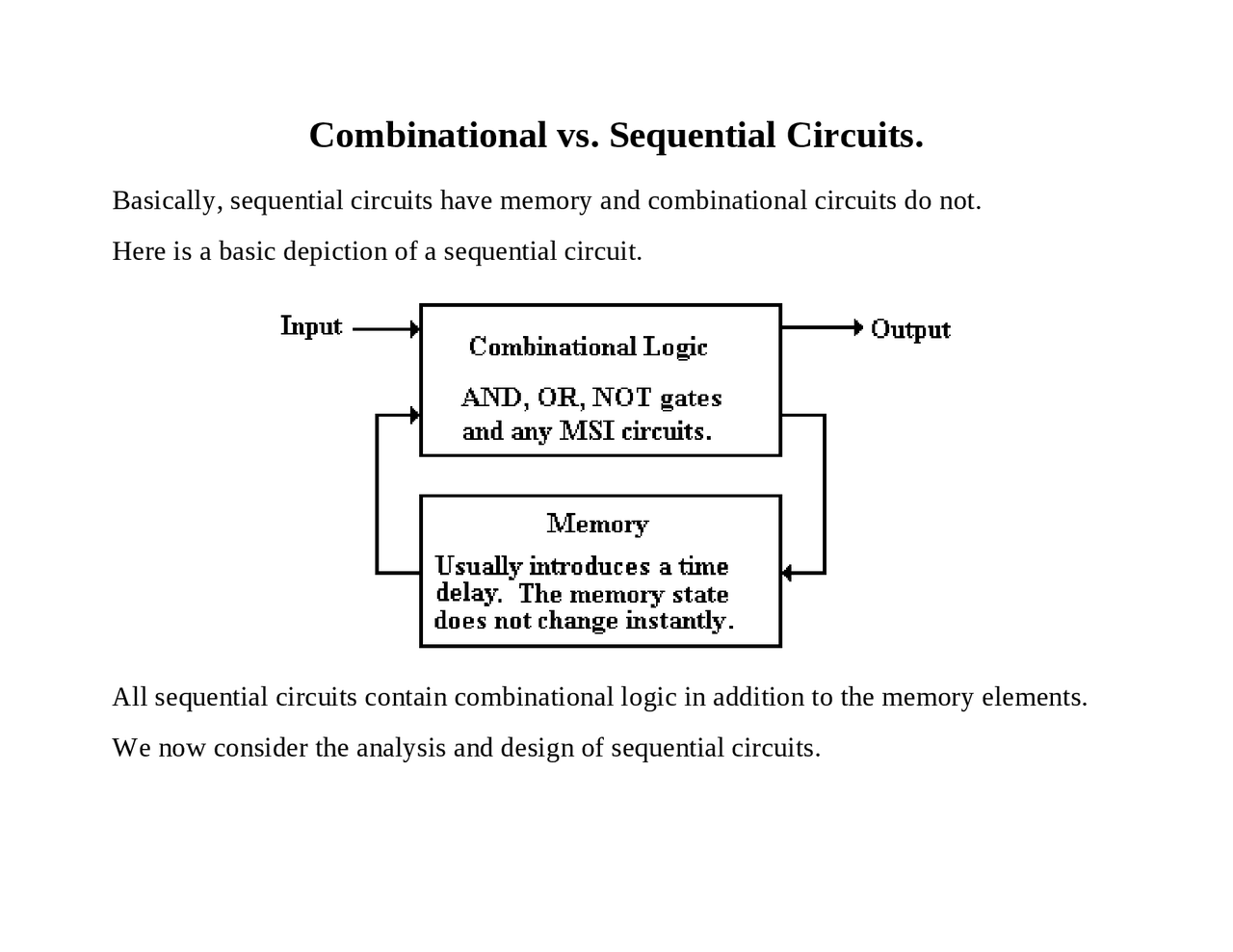 Combinational Versus Sequential Circuits Lecture Notes Cpsc 5155u