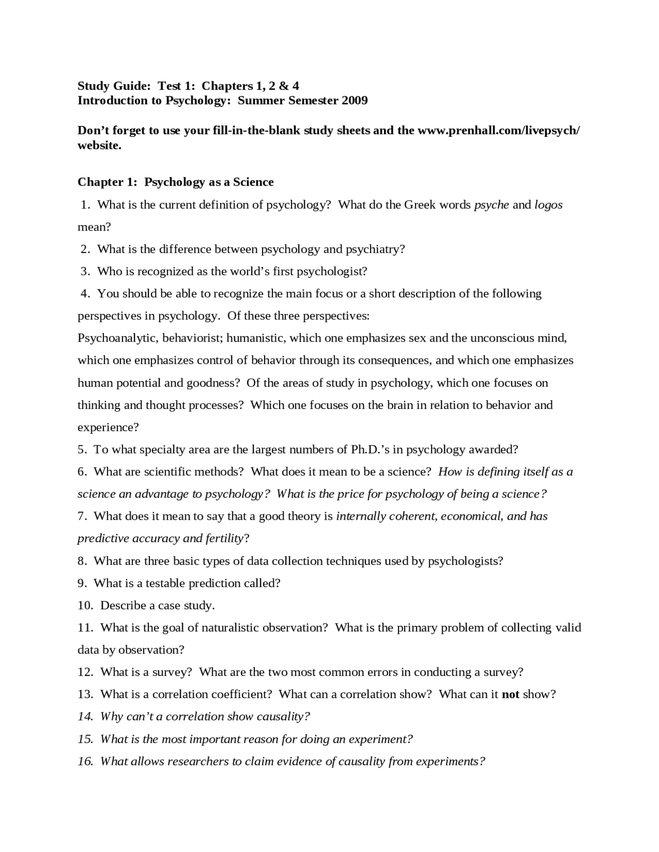 Psychology Study Guide: Chapters 1, 2 & 4 - Test 1 - Prof. Pamela M ...