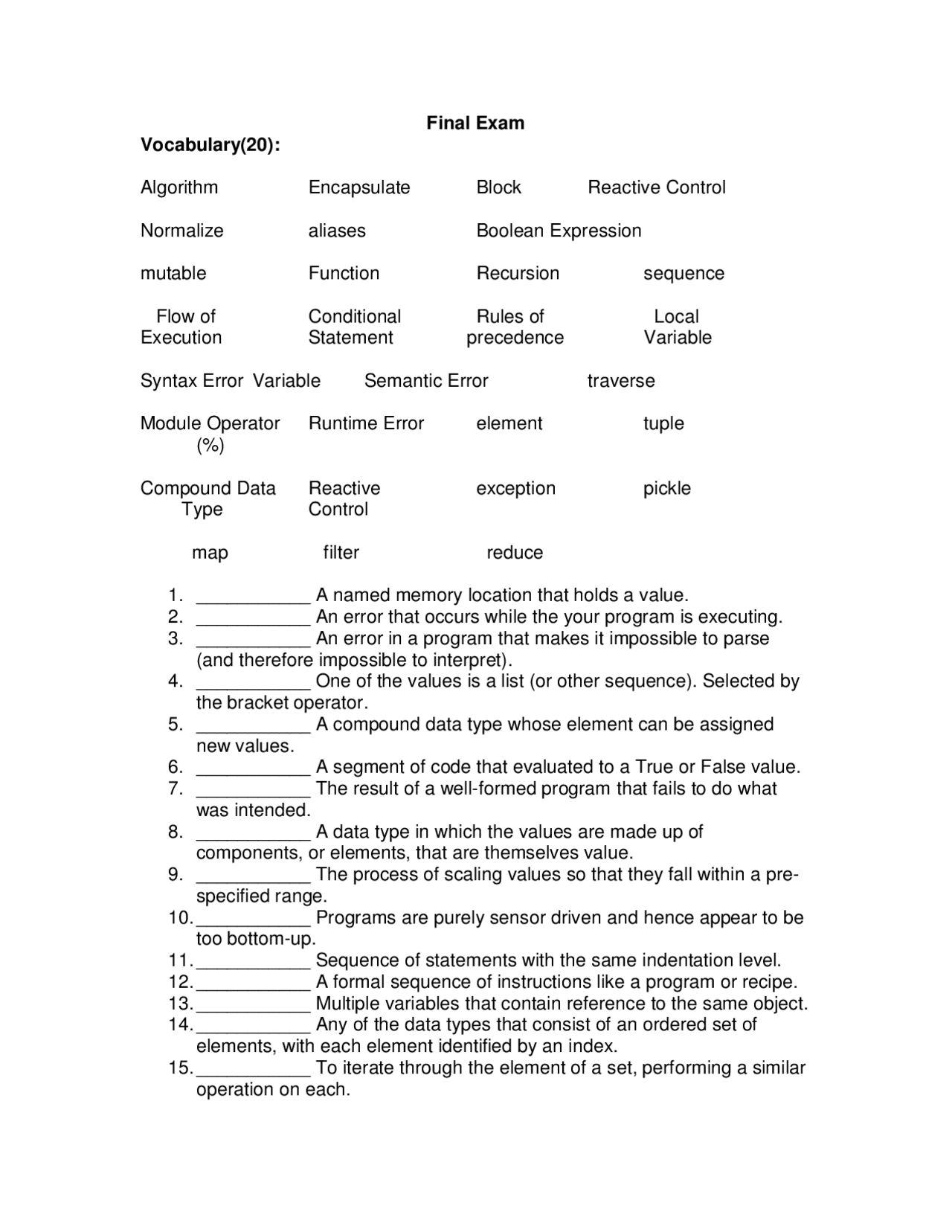 Unsolved Final Exam - Introduction to Computing | CS 1301 - Docsity