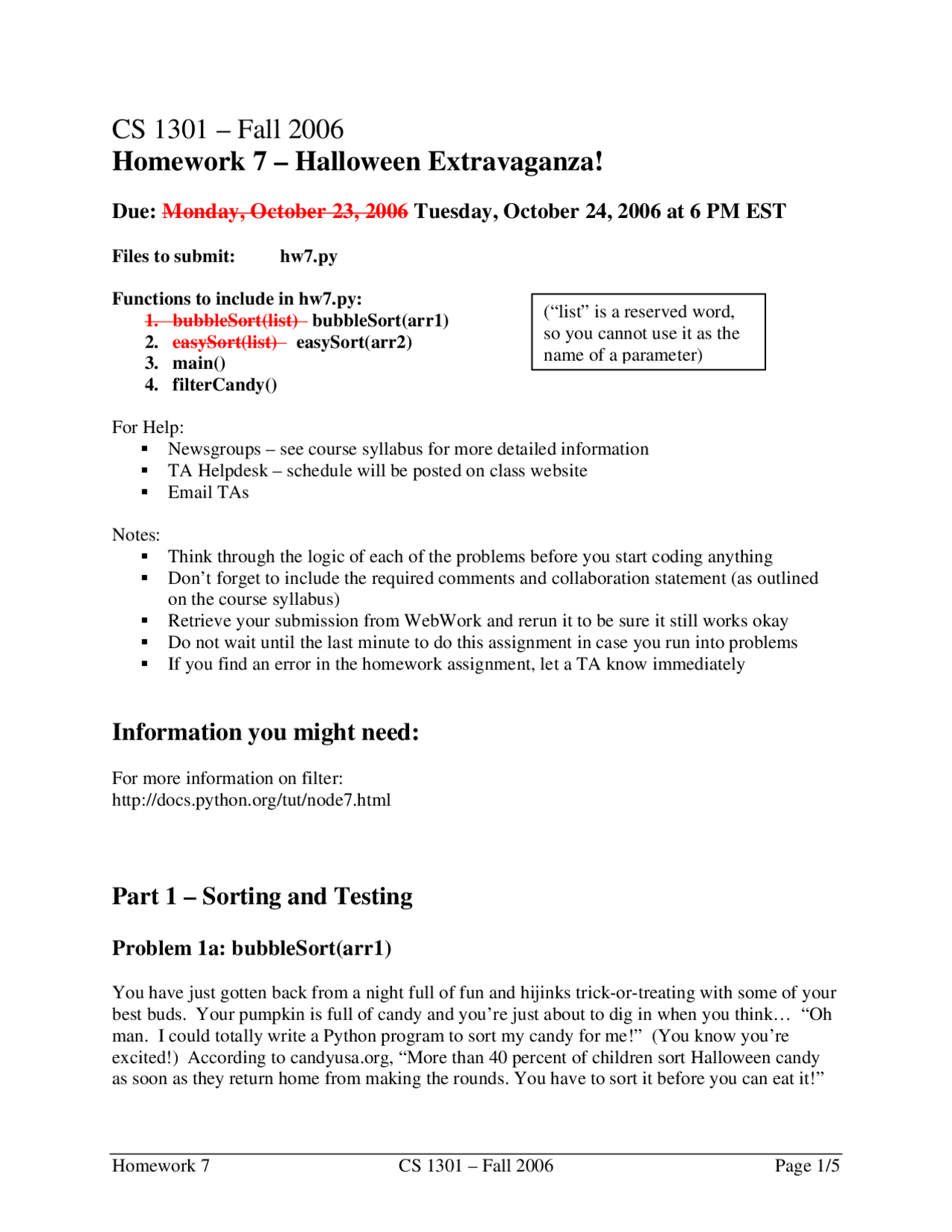 Cs 1301 Fall 2006 Homework 7 Sorting And Filtering Halloween Candy Assignments Computer
