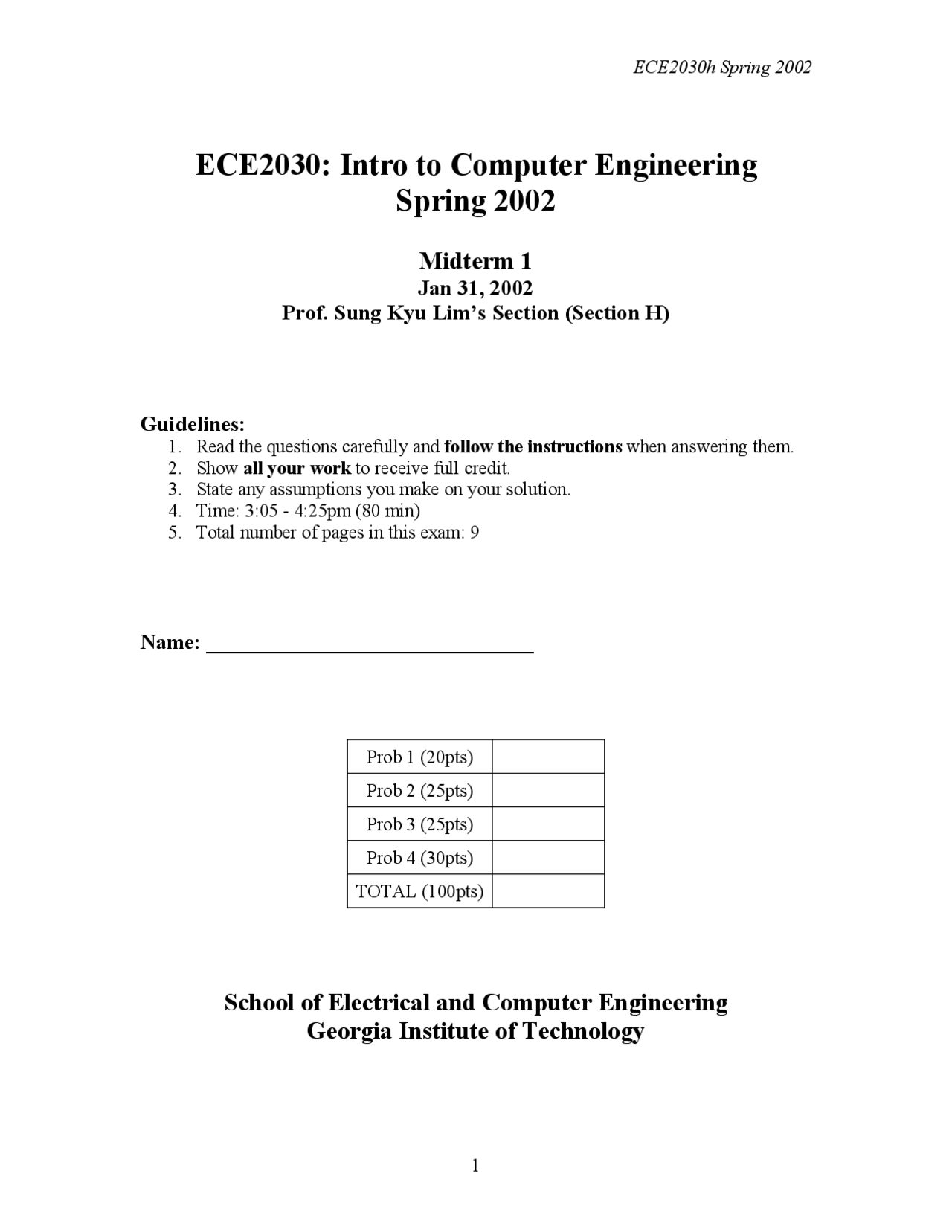 4 Solved Questions Midterm Exam - Introduction to Computer Engineering | ECE 2030 - Docsity