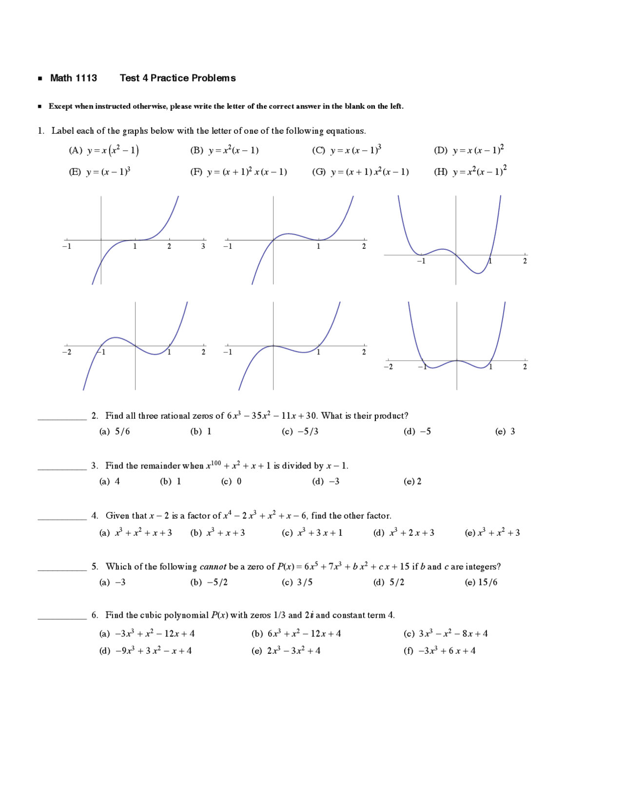 Practice Problems Exam 4 - Pre Calculus | MATH 1113 - Docsity