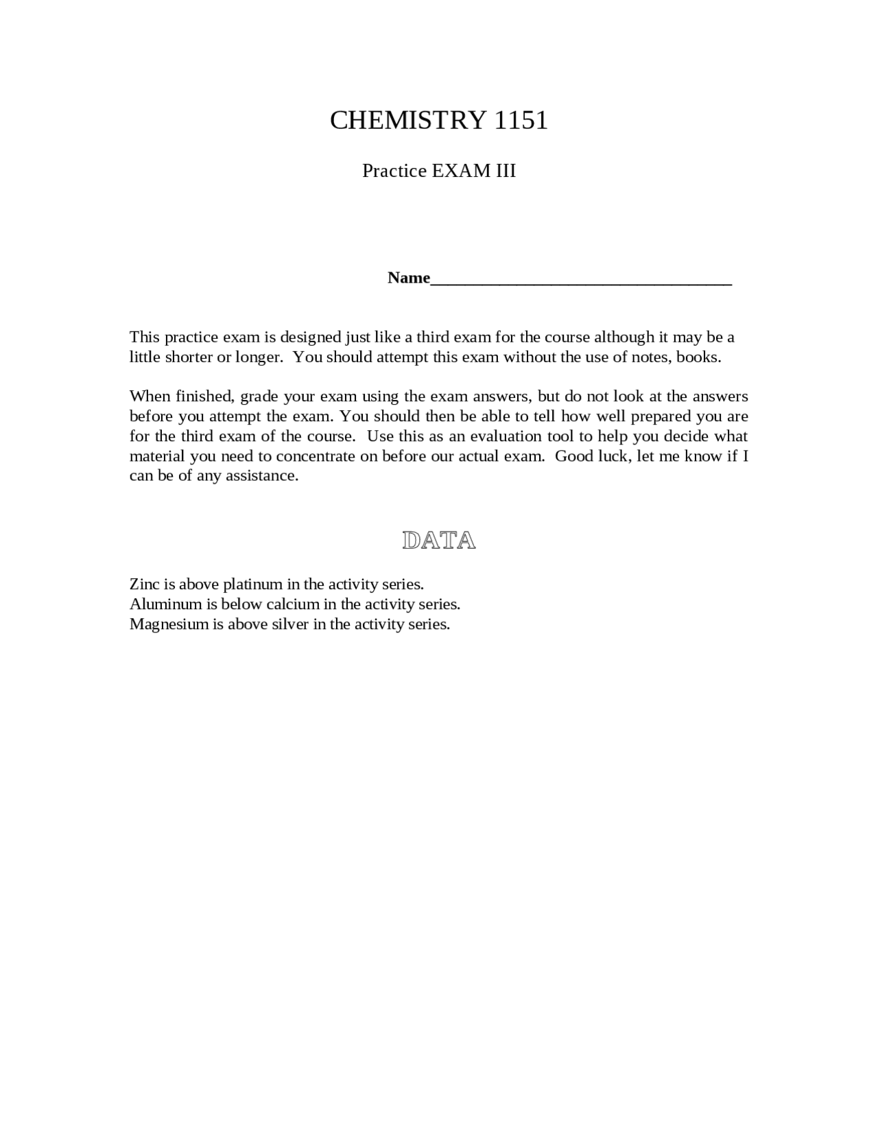 Survey Of Chemistry I Practice Questions For Test 3 Chem 1151 Docsity