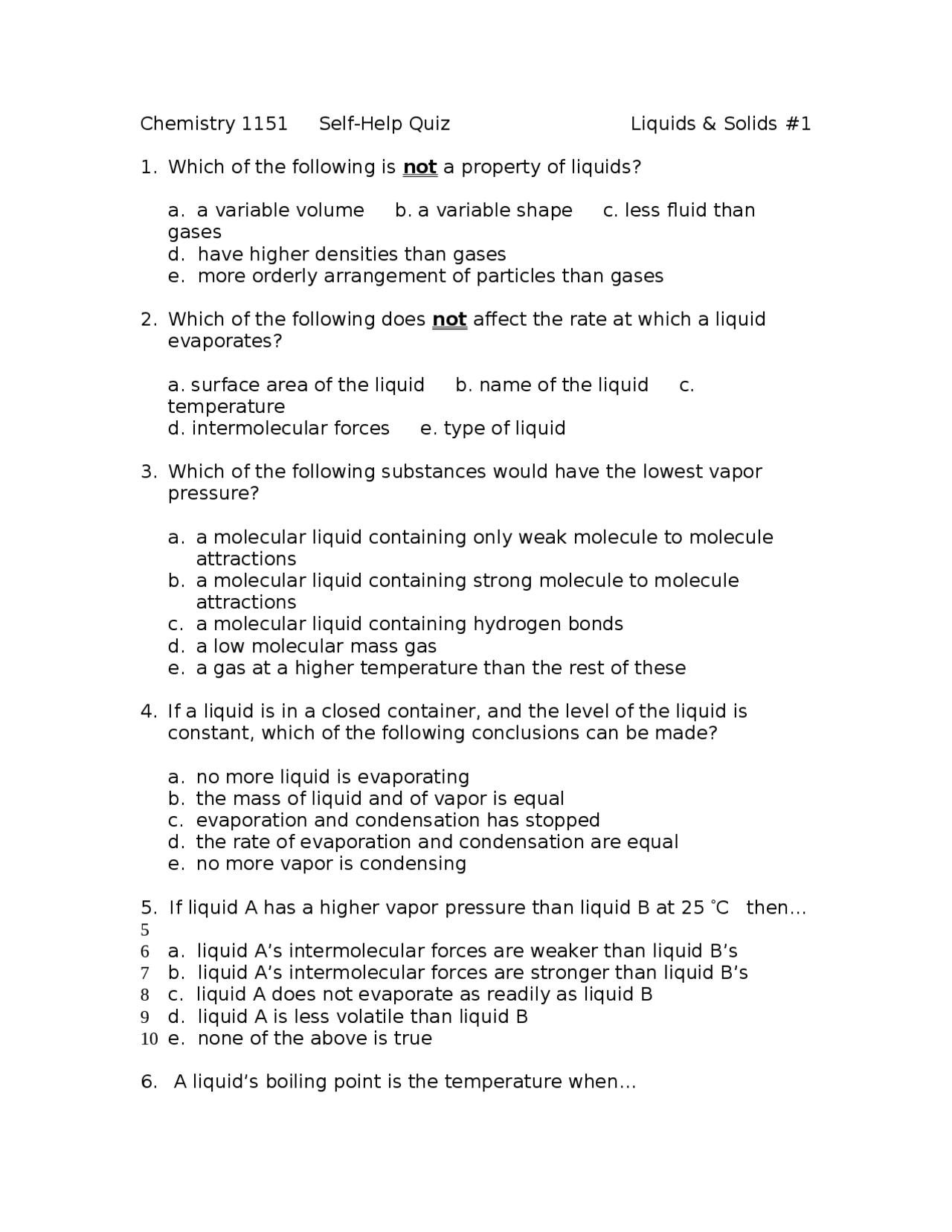 Self Help Quiz For Survey Of Chemistry I Chem 1151 Docsity