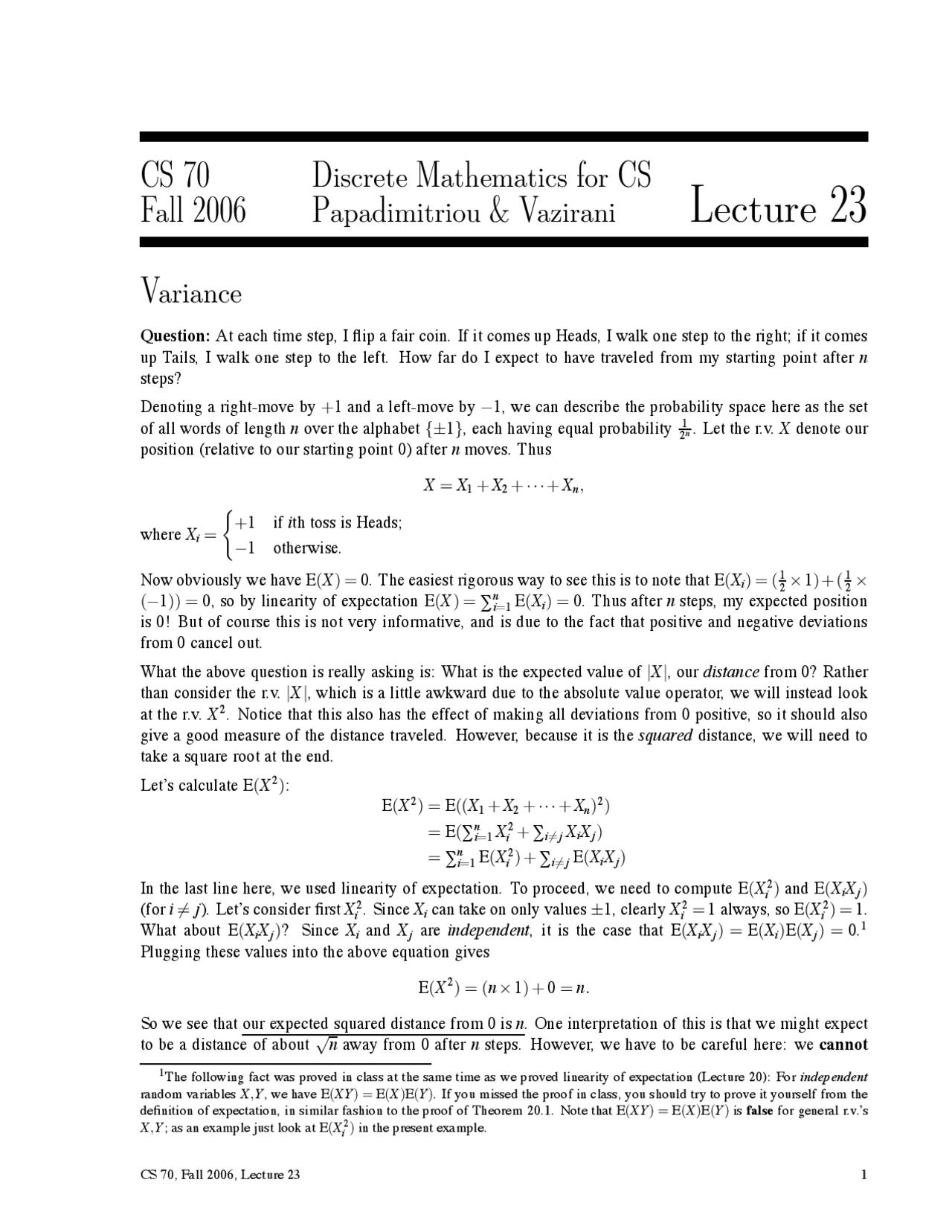 Discrete Mathematics For Cs Papadimitriou And Vazirani Lecture Notes