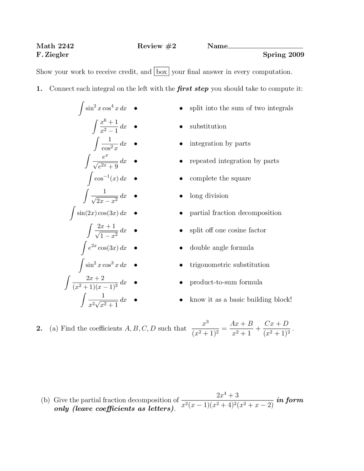 Exam Review Sheet Calculus Ii Math 2242 Docsity