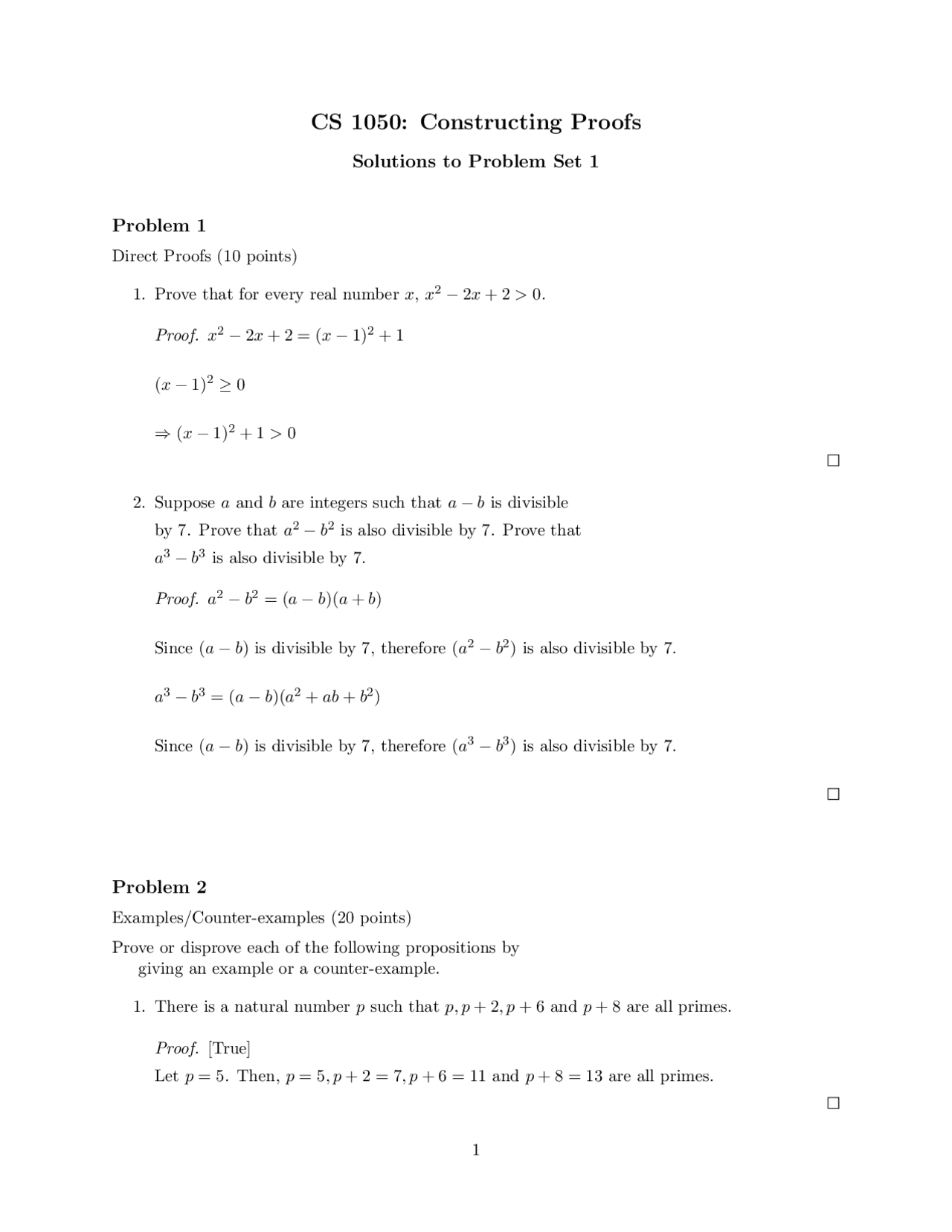 Constructing Proofs Solutions To Problem Set 1 Cs 1050 Docsity