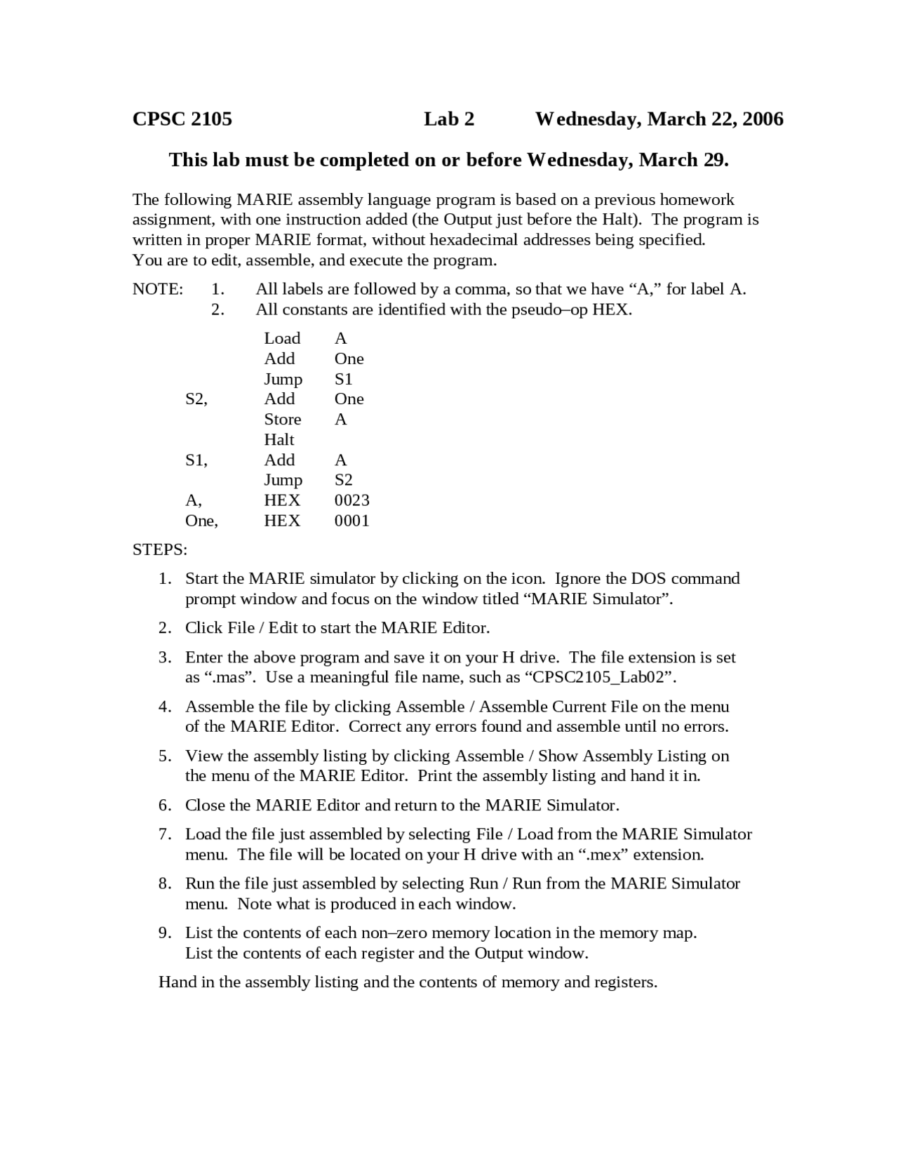 Marie Assembly Language Program Lab 2 Cpsc 2105 Docsity