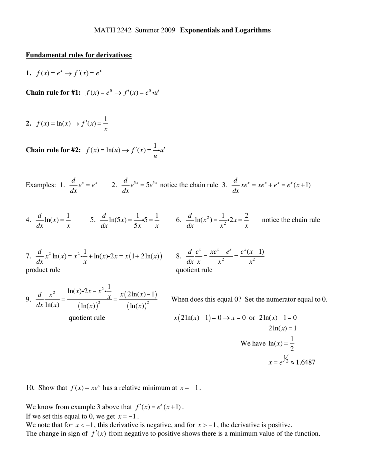 MATH 2242 Summer 2009 Homework: Exponentials and Logarithms - Prof. Marshall Ransom ...
