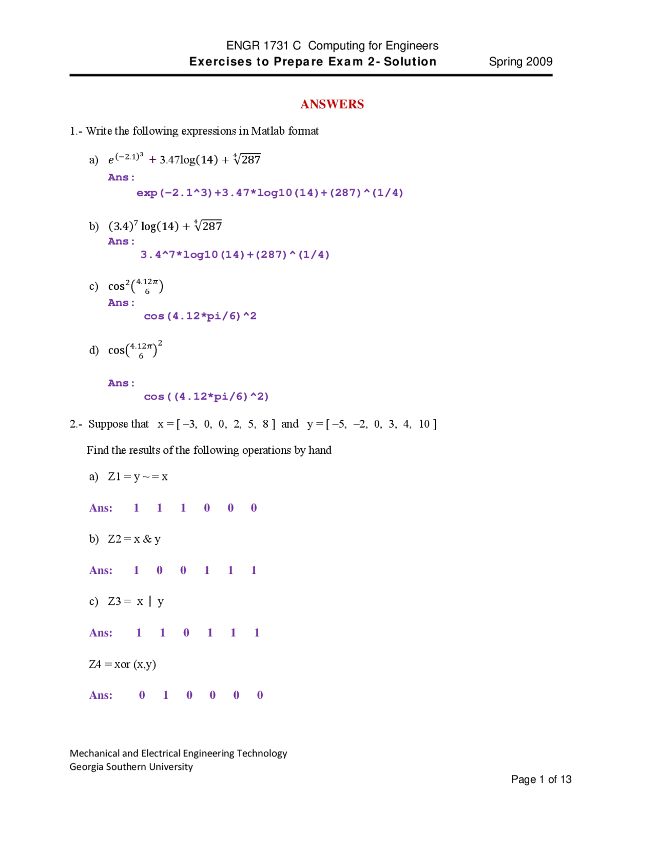 Exam Ii Solved Computing For Engineers Engr 1731 Docsity