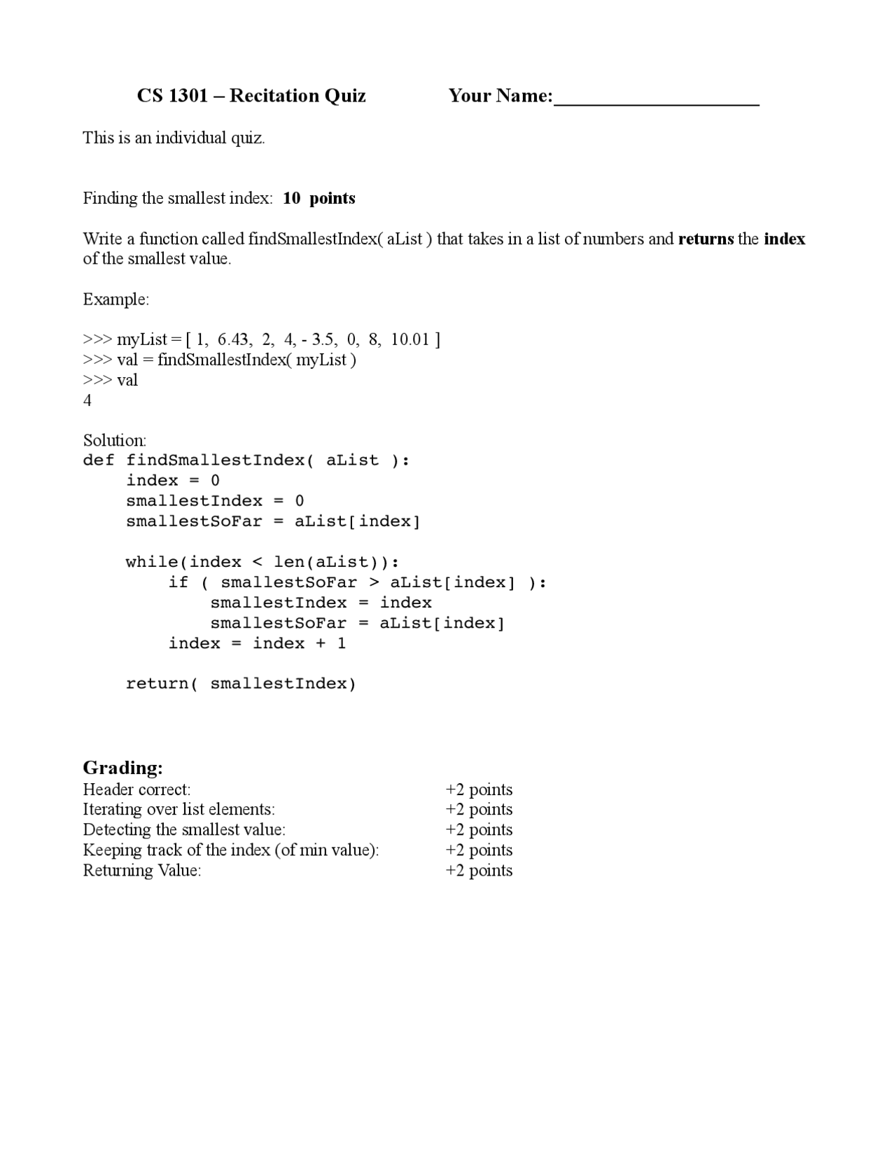 Solved Questions For Recitation Quiz Introduction To Computing Cs 1301 Docsity