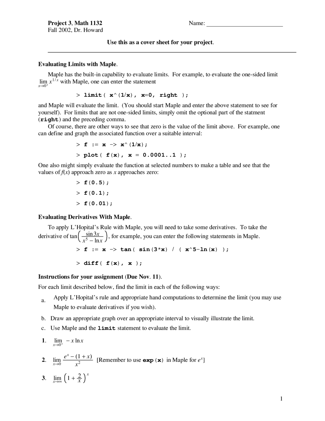 Project 3 for Evolution Limits with Maple | MATH 1132 - Docsity