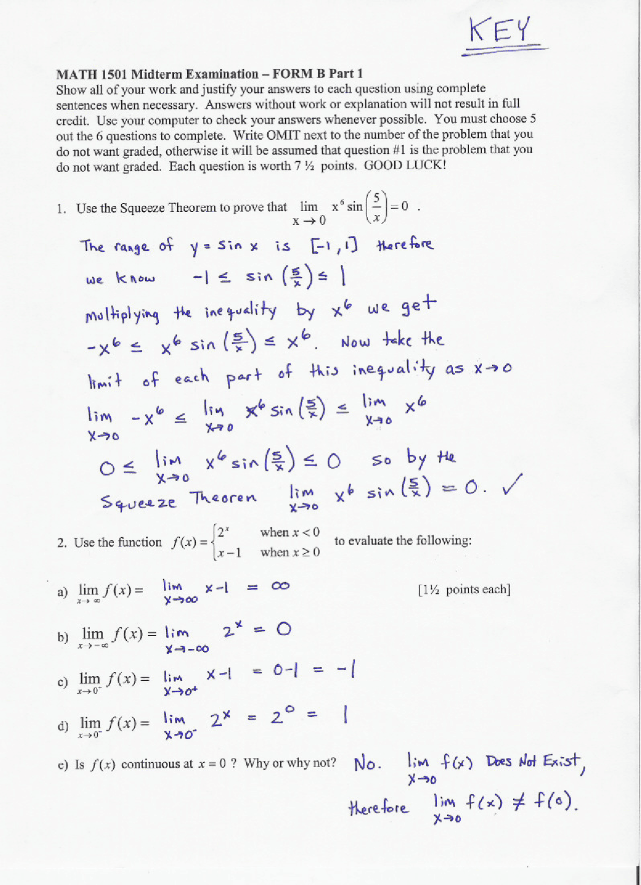 Midterm Examination Answer Key Calculus I Math 1501 Docsity