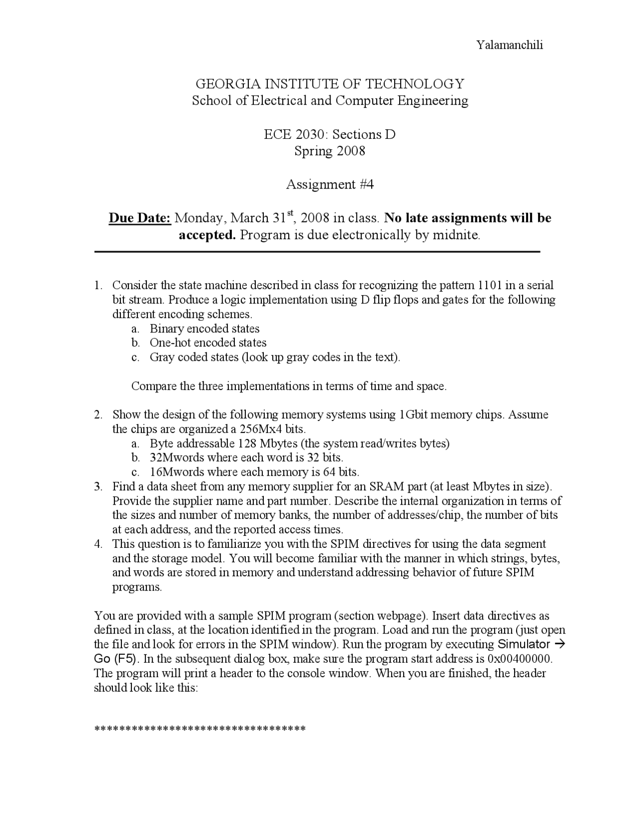 Questions for Assignment 4 - Introduction to Computer Engineering | ECE 2030 - Docsity