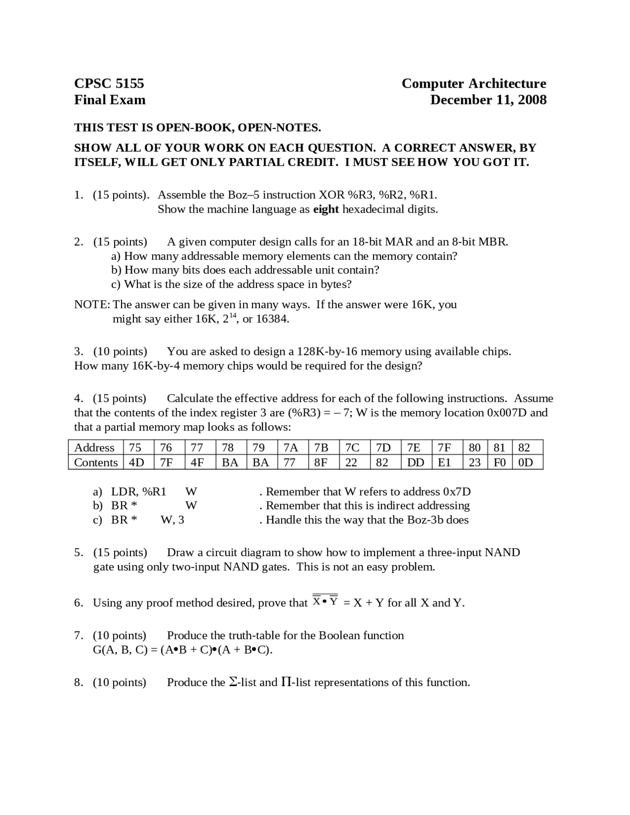 Computer Architecture Final Exam Fall 2008 Cpsc 5155u Docsity