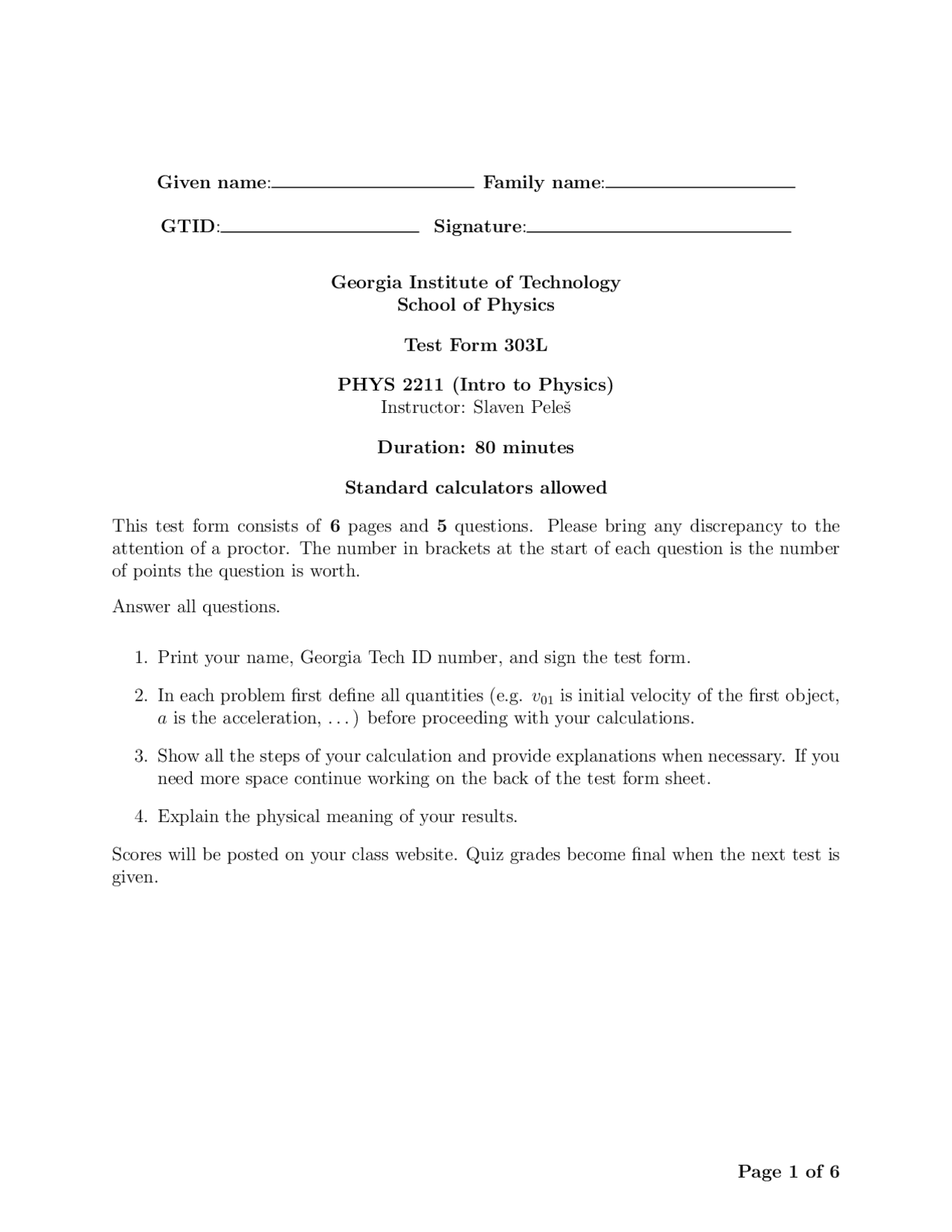 Introduction To Physics I Solved Exam Phys 2211 Docsity