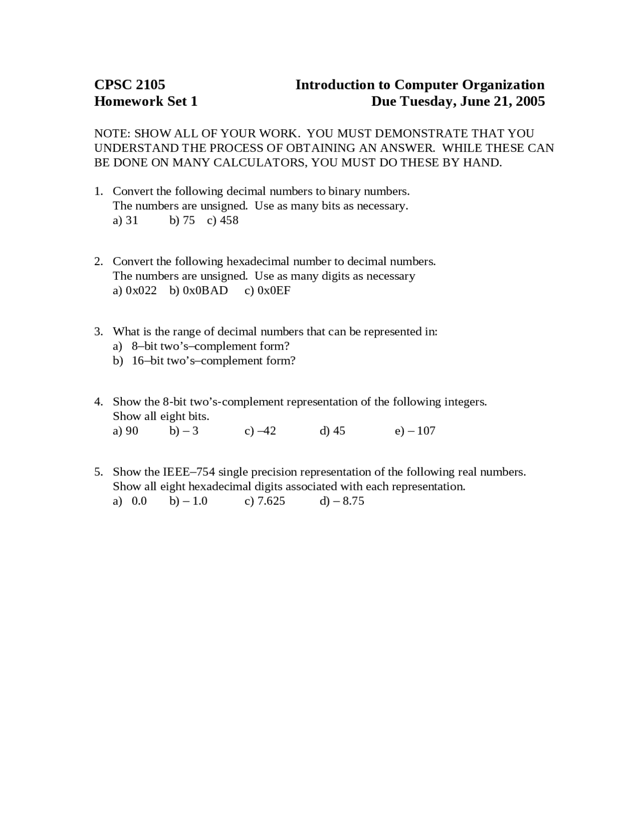 4 Mcqs On Computer Organization Homework Set 1 Cpsc 2105 Docsity