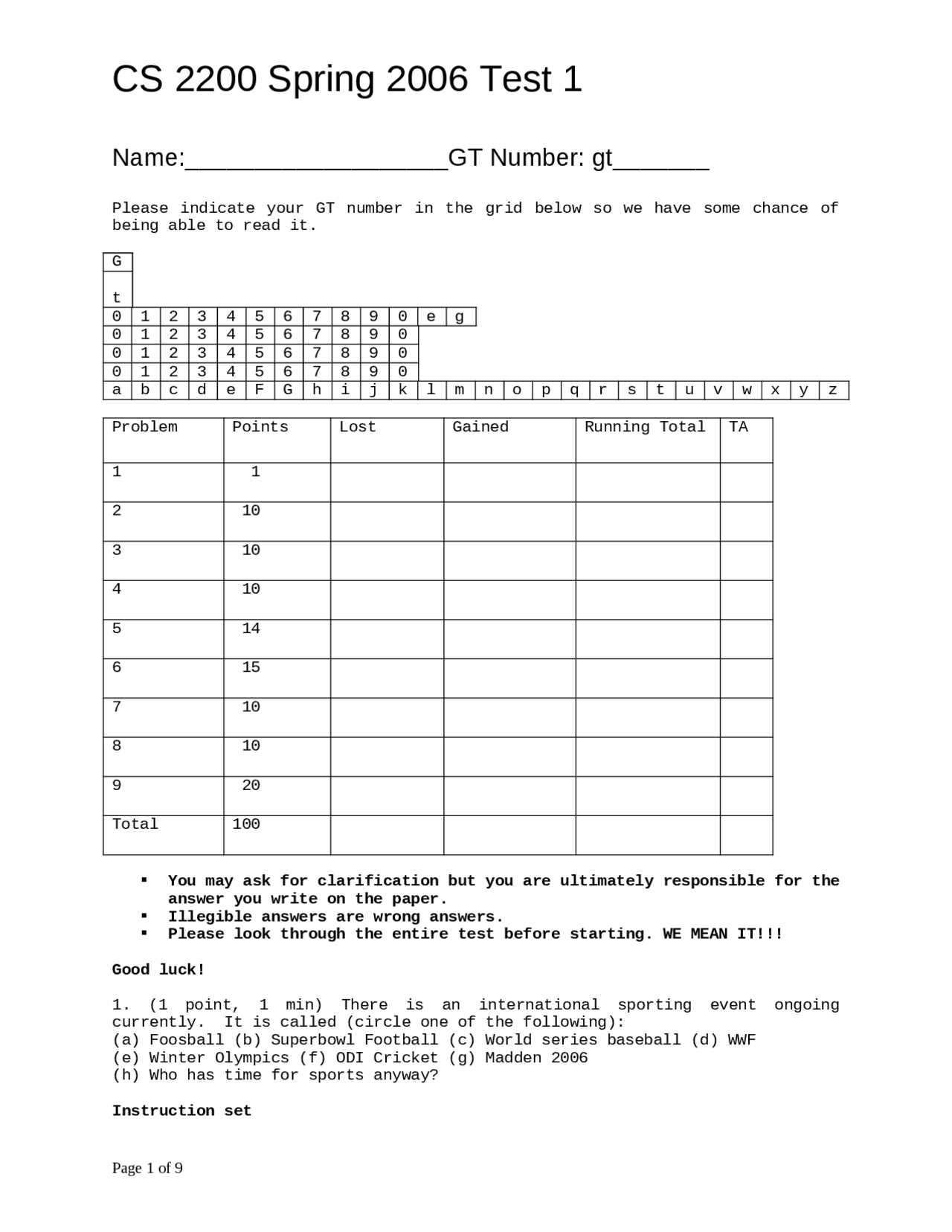 Test 1 - Spring 2006 | Systems and Networks | CS 2200 - Docsity