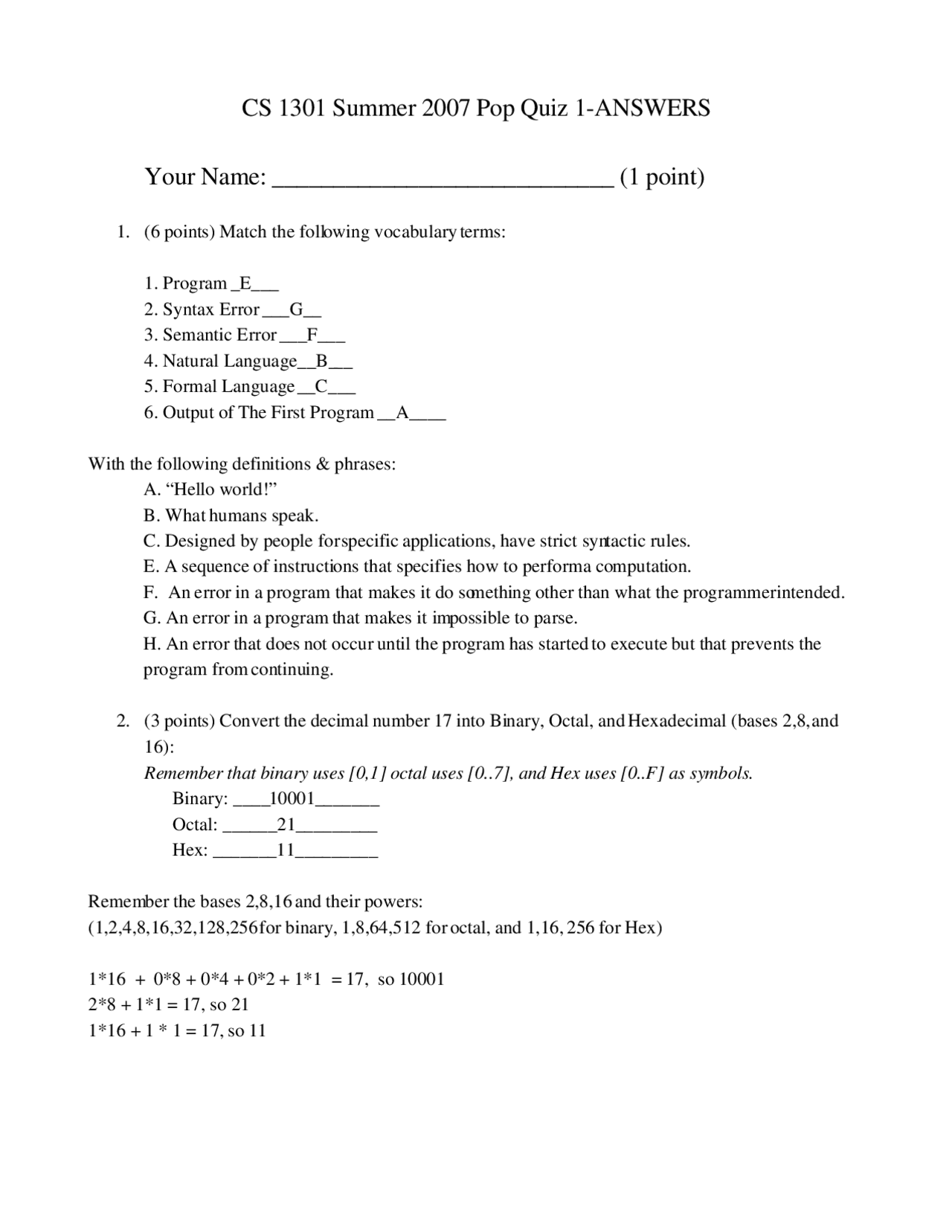 Quiz 1 Solution Of Introduction To Computing Cs 1301 Docsity 5655