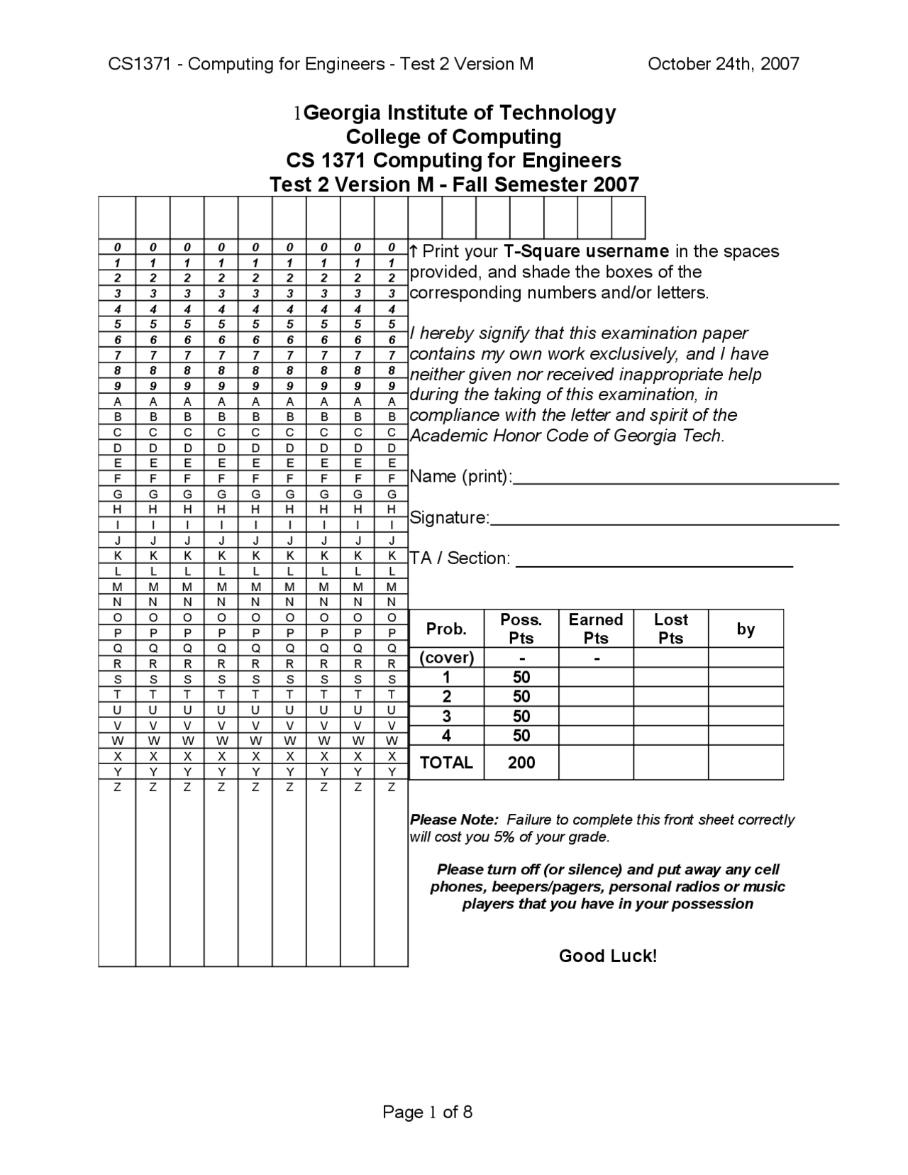 Exam 2 Version M Computing For Engineers Cs 1371 Docsity
