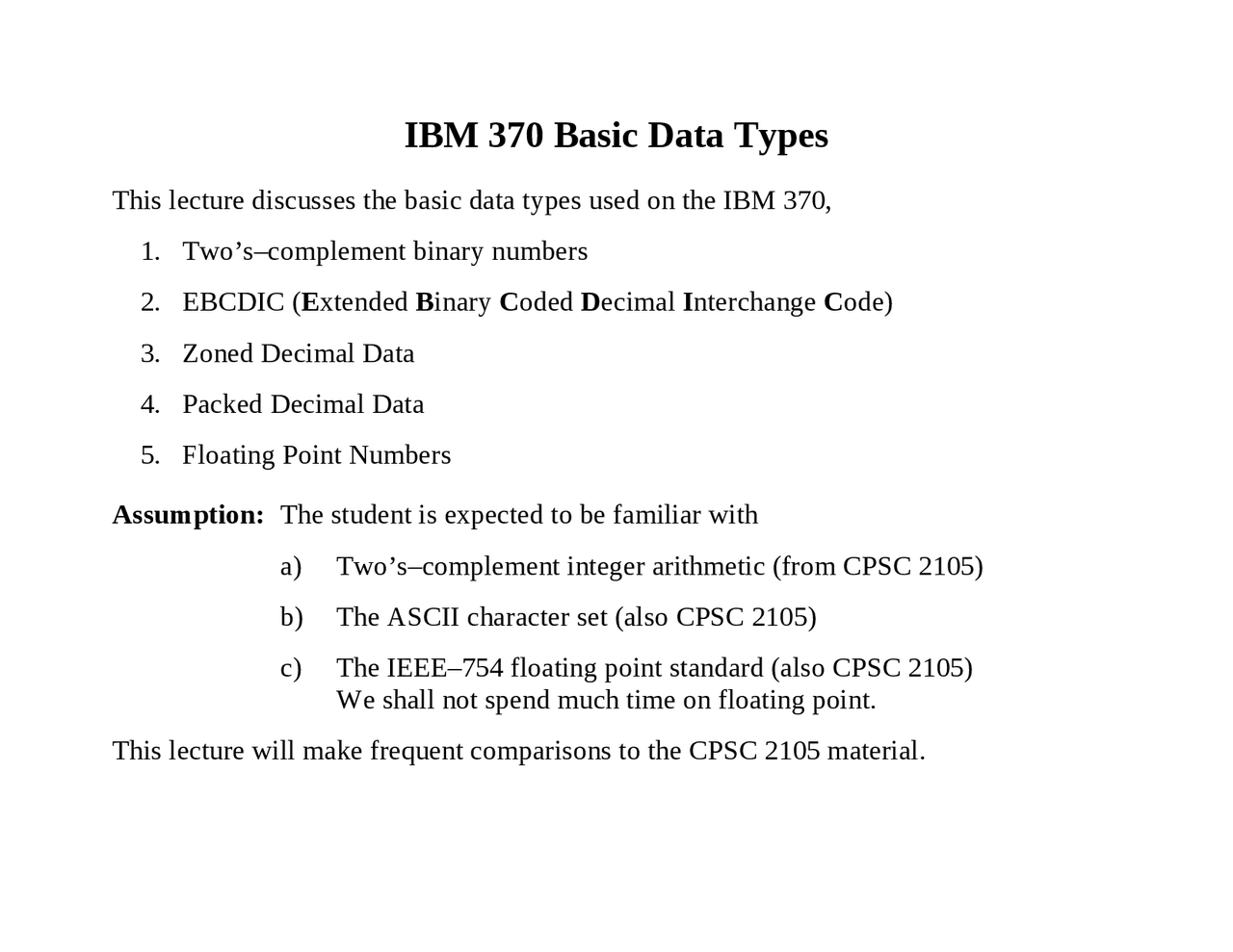 Ibm 370 Basic Data Types Lecture Notes Cpsc 2105 Docsity