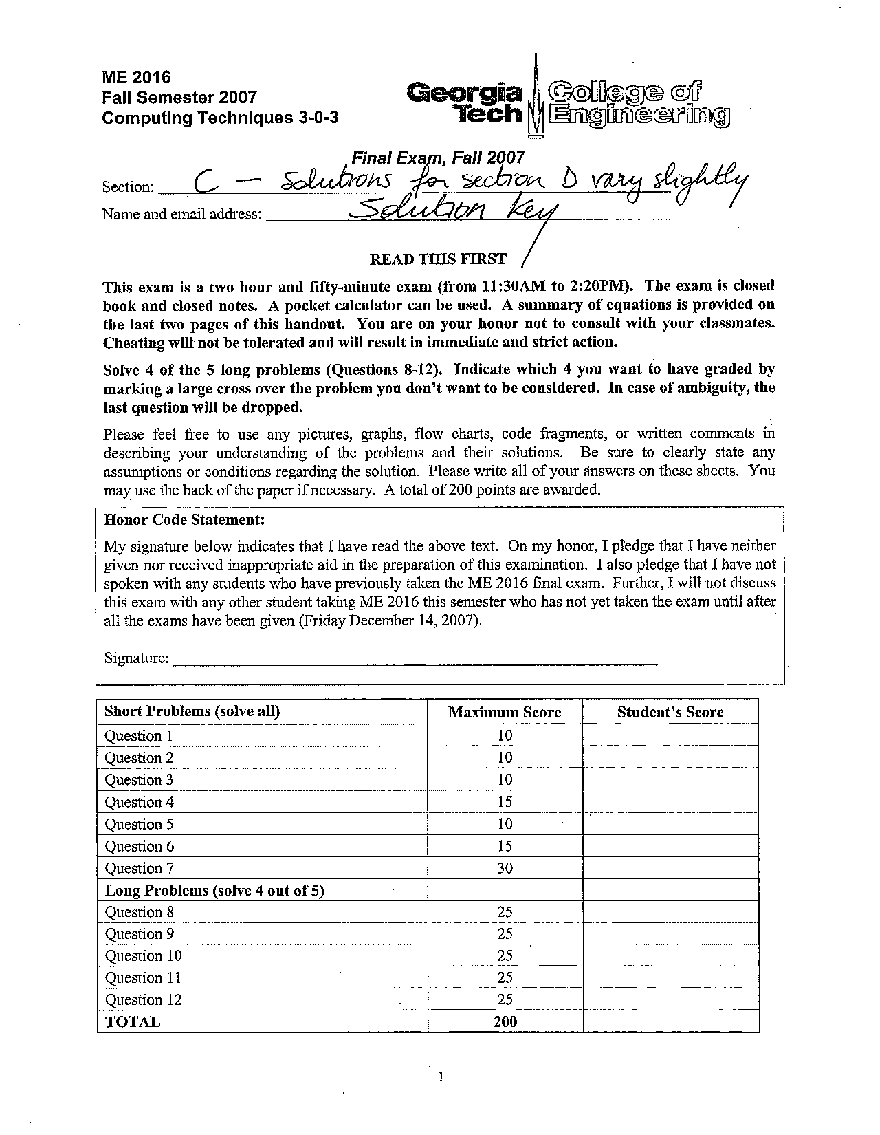 Computing Techniques Final Test With Solutions Me 2016 Docsity