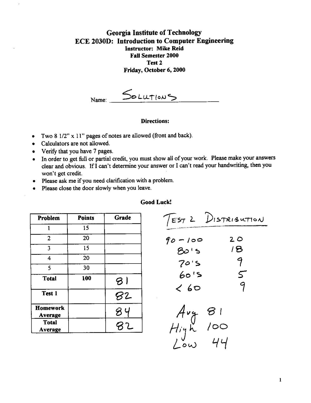 Solutions For Exam 2 Introduction To Computer Engineering Ece 2030 Docsity