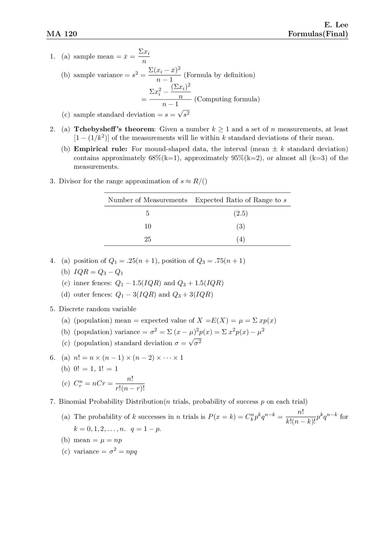 Final Exam Problems - Elementary Probability and Statistics | MA 120 ...