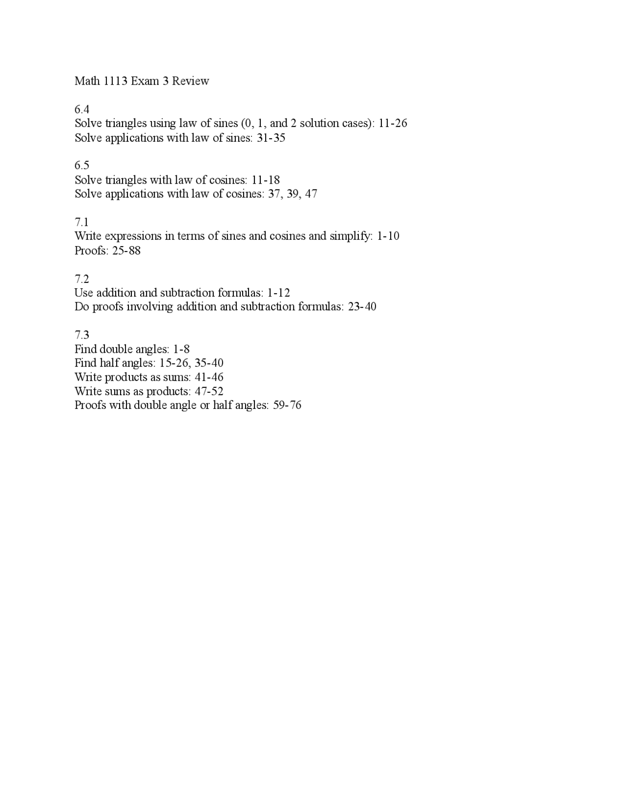 5 Questions for Exam #3 Review - Precalculus | MATH 1113 - Docsity