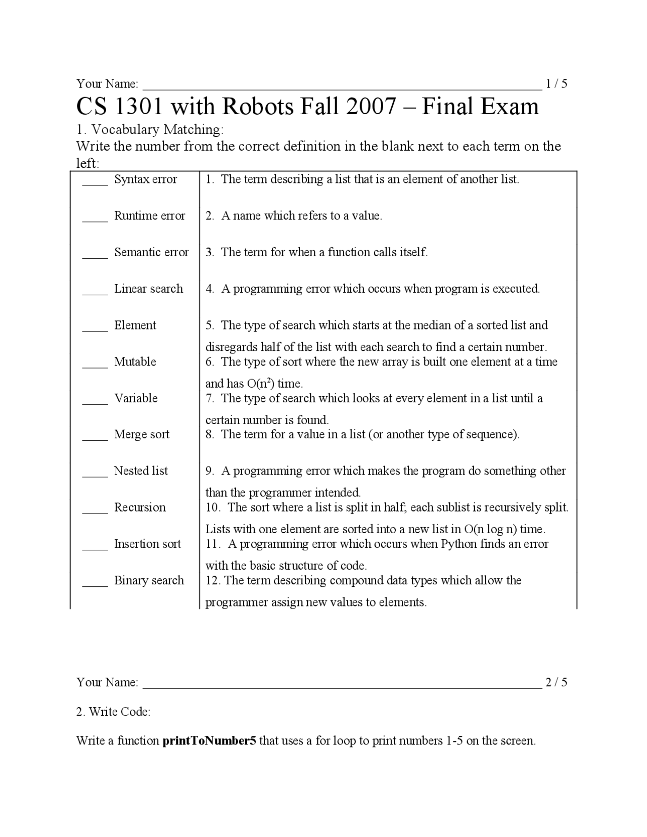 Final Exam - Introduction to Computing | CS 1301 - Docsity