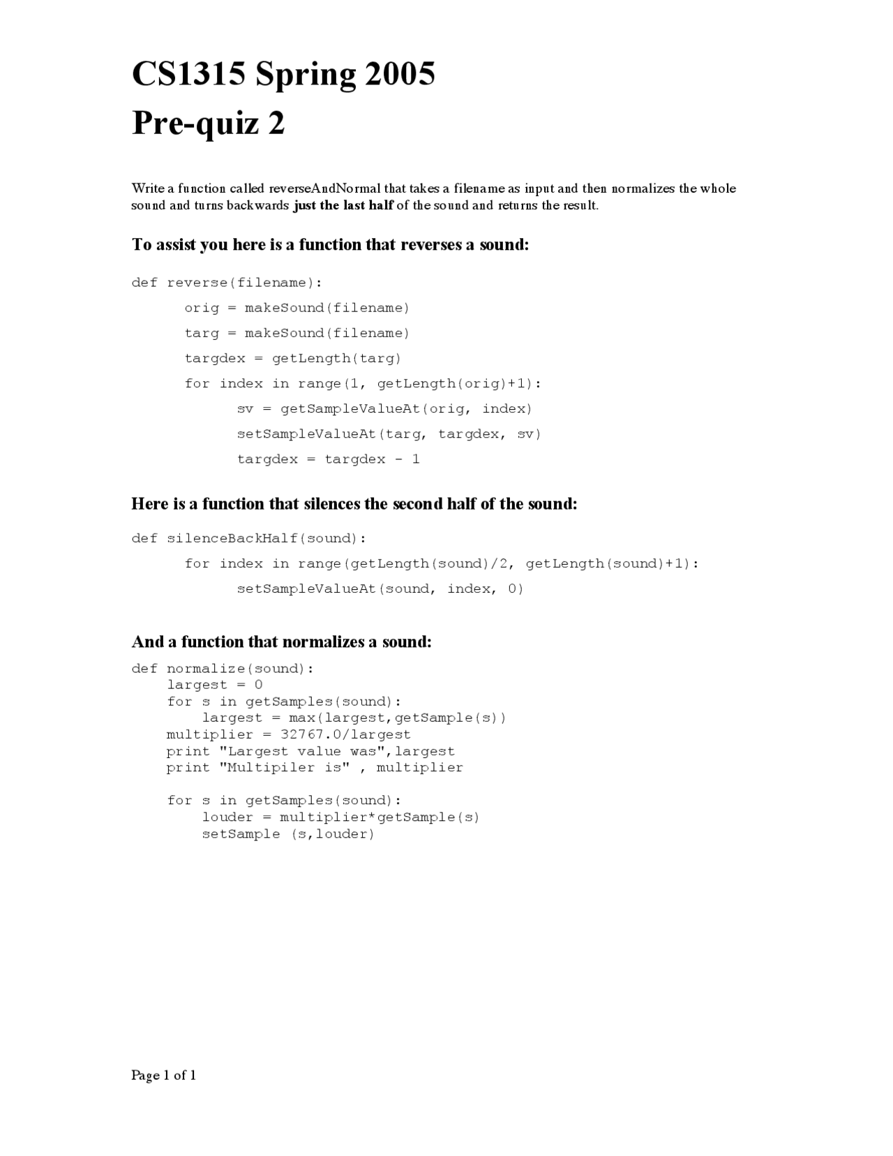 Solved Pre Quiz 2 Introduction Media Computation Cs 1315 Docsity