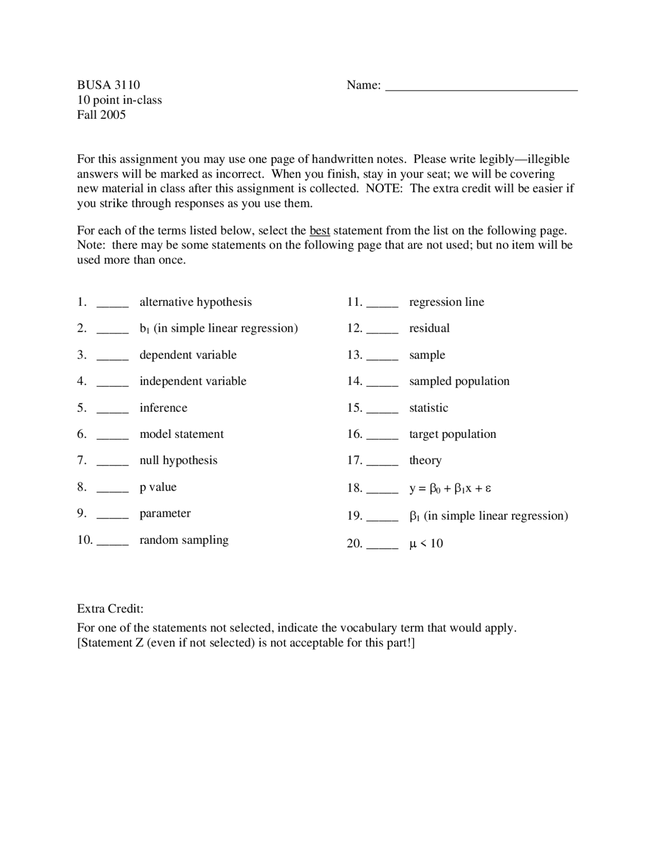 In-Class Assignment for BUSA 3110: Selecting the Best Statement for ...