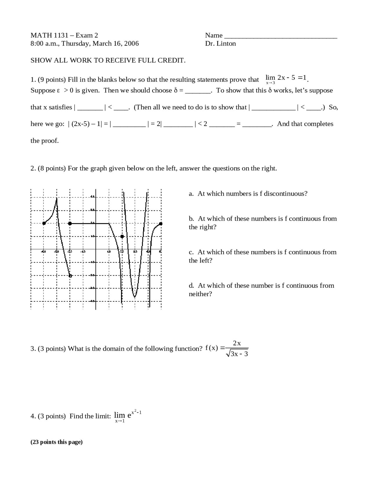 Exam 3 Calculus With Analytic Geometry 1 Math 1131 Docsity